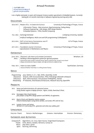 Resume pecoraro arnaud_us | PDF | Programming Languages | Computing