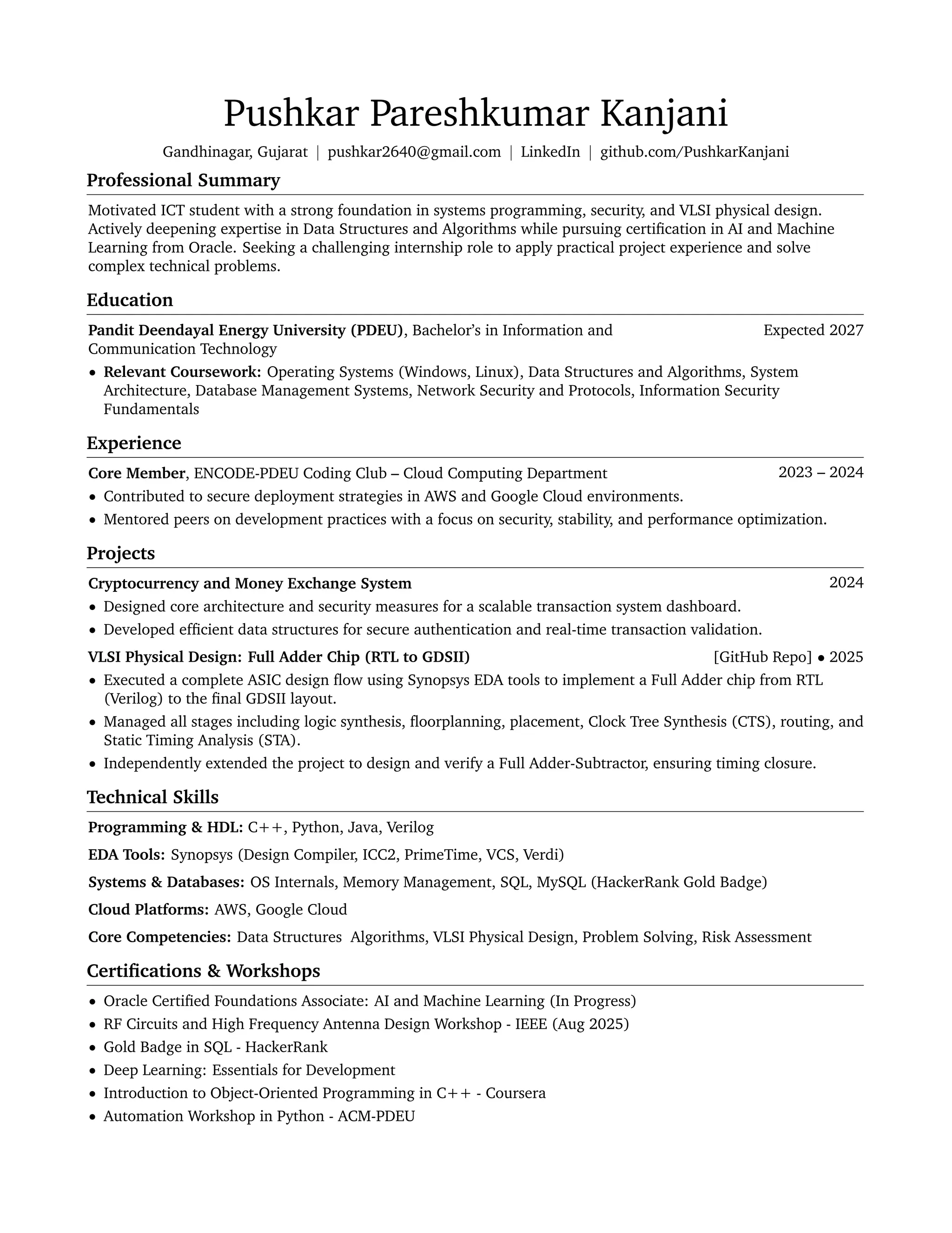 Pushkar Pareshkumar Kanjani Resume Document | PDF