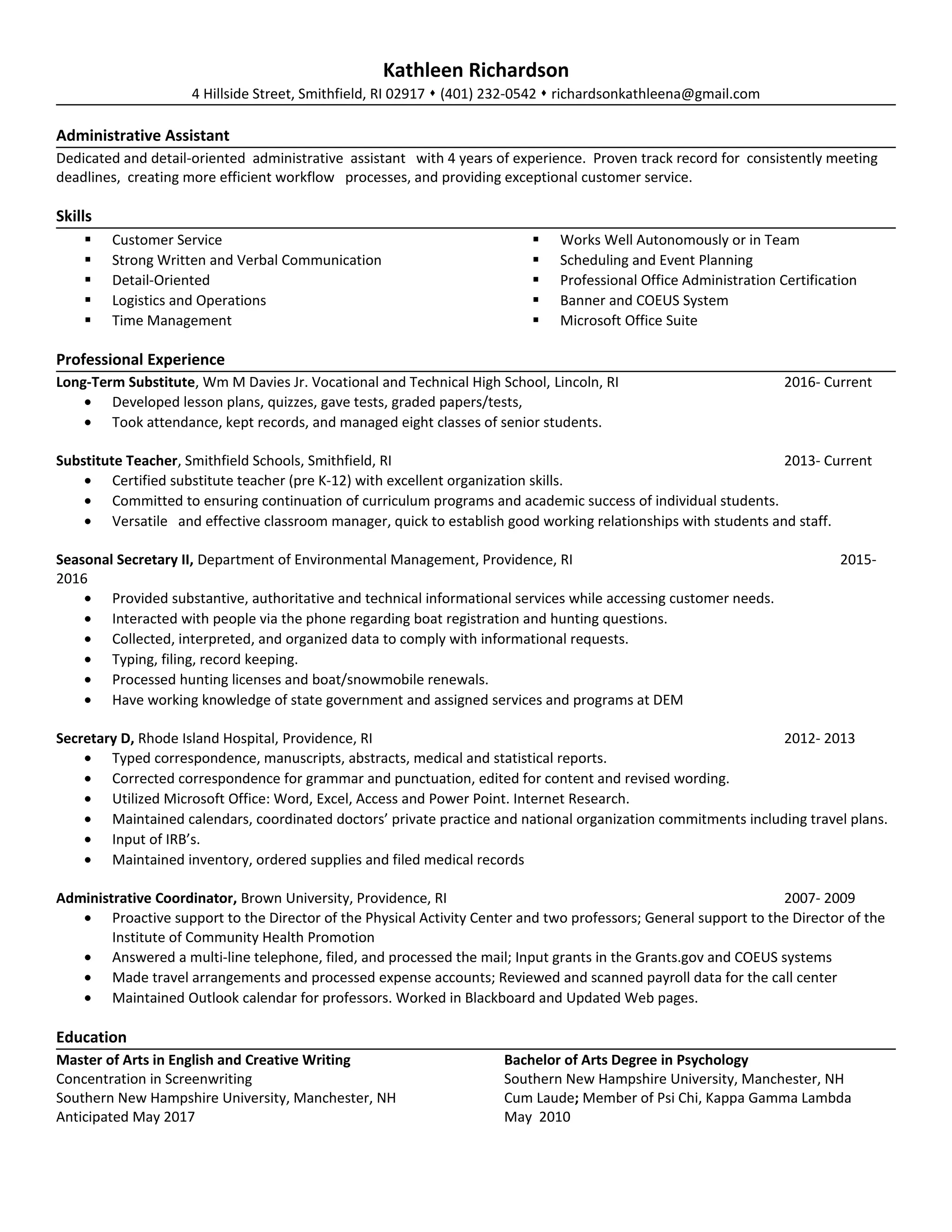 Resume richardson, kathy admin 2016 | DOC