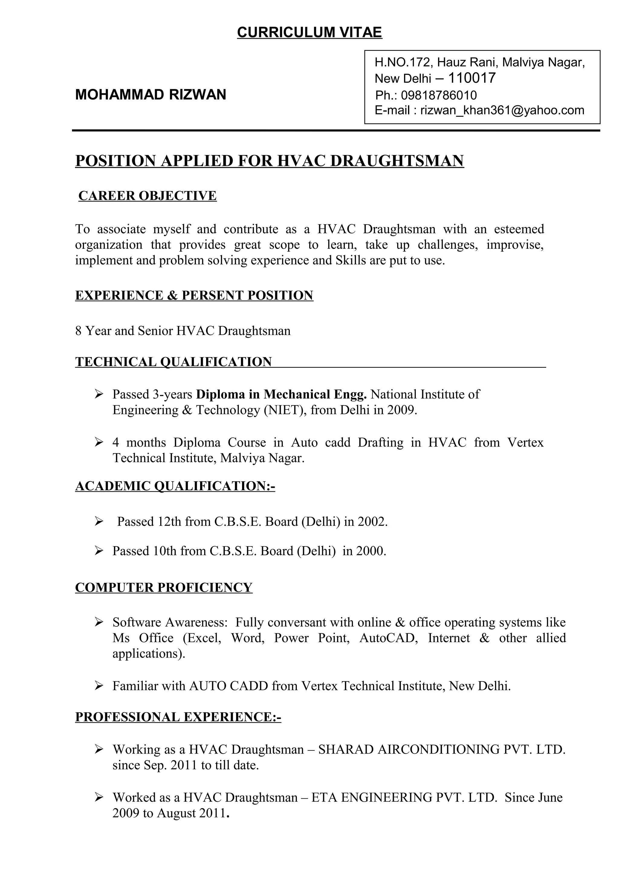 CV FOR HVAC DRAUGHTSMAN / DRAFTMAN | DOC