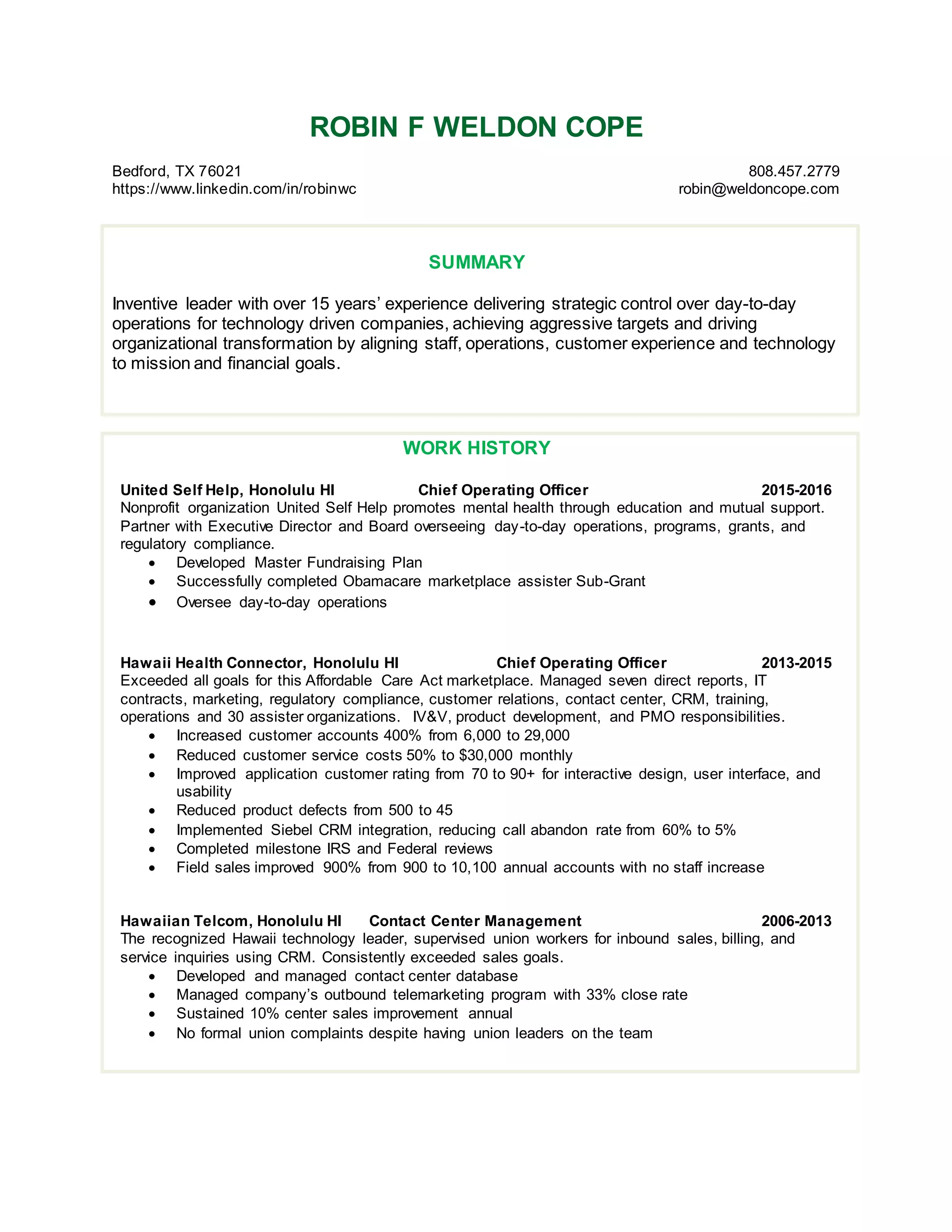 Resume for Robin Weldon Cope | PDF