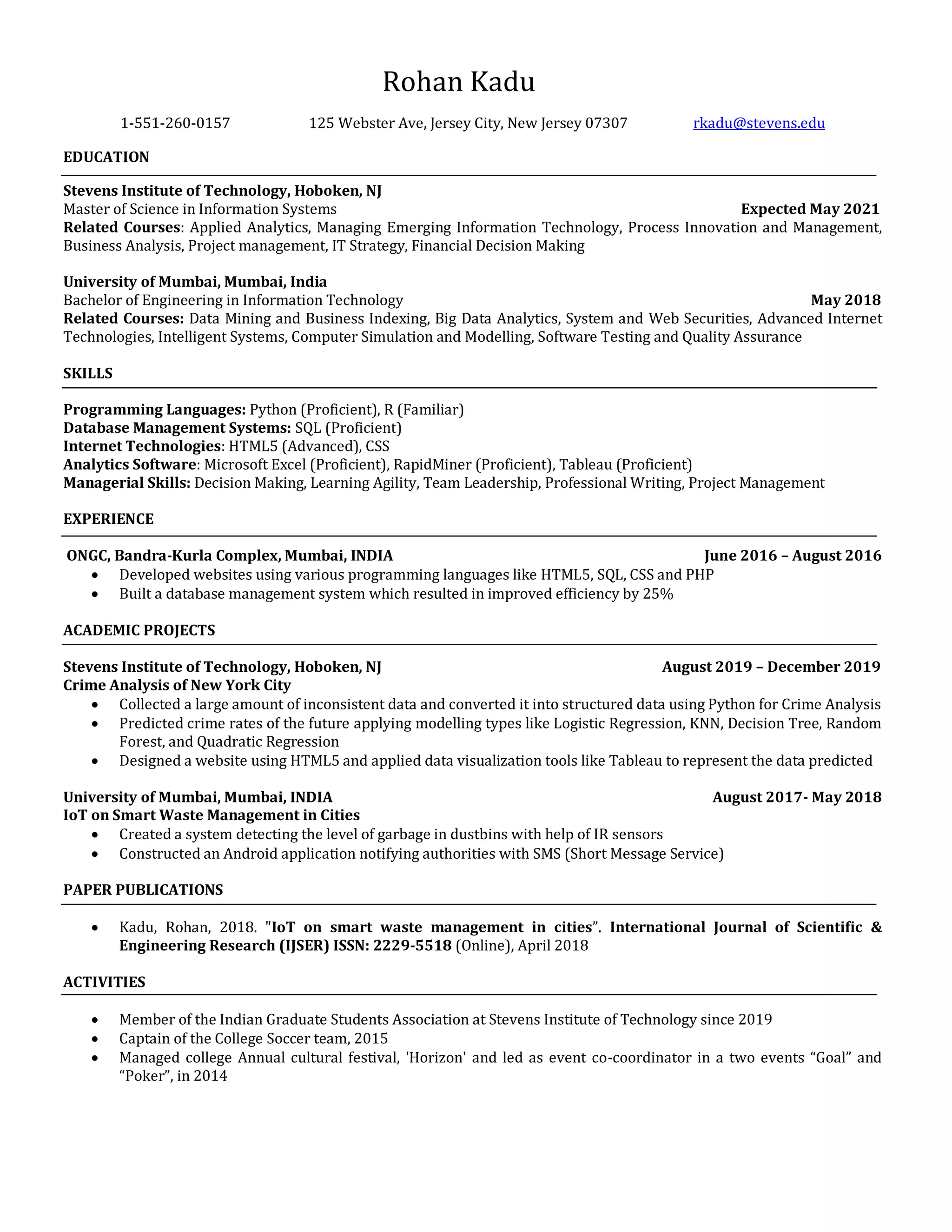 Resume Rohan Kadu | PDF