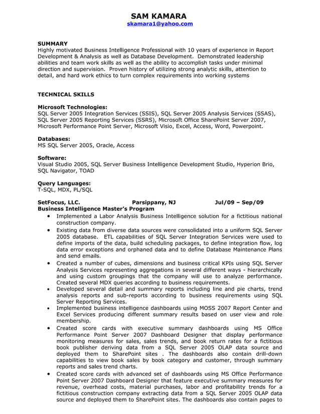Business Intelligence Resume - Sam Kamara | PDF