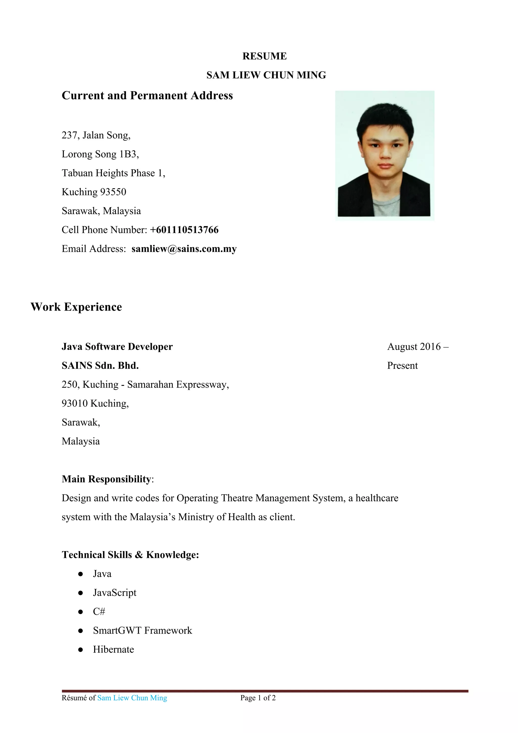 Resume (sam liew chun ming) | PDF | Technology & Computing