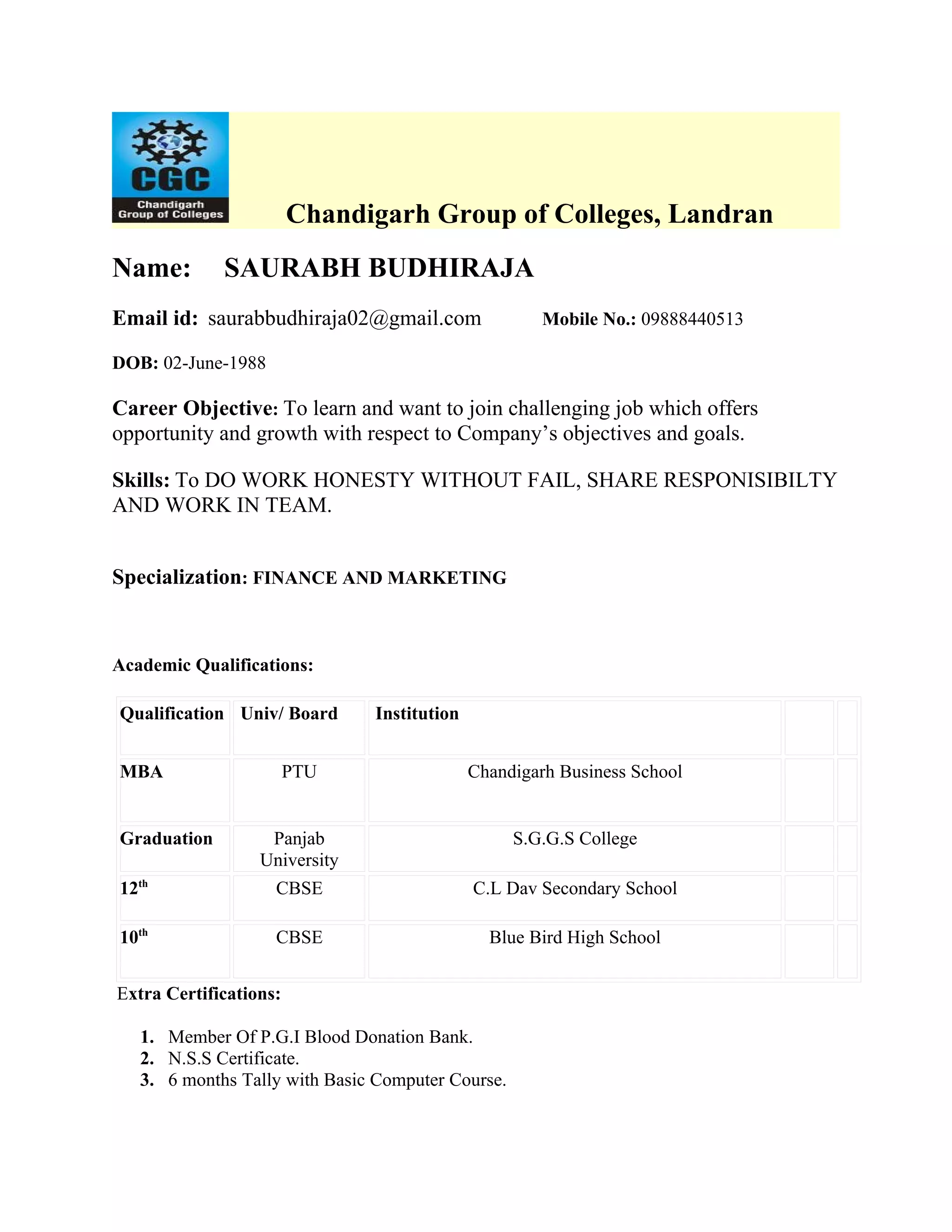 Resume sample 2 | DOC