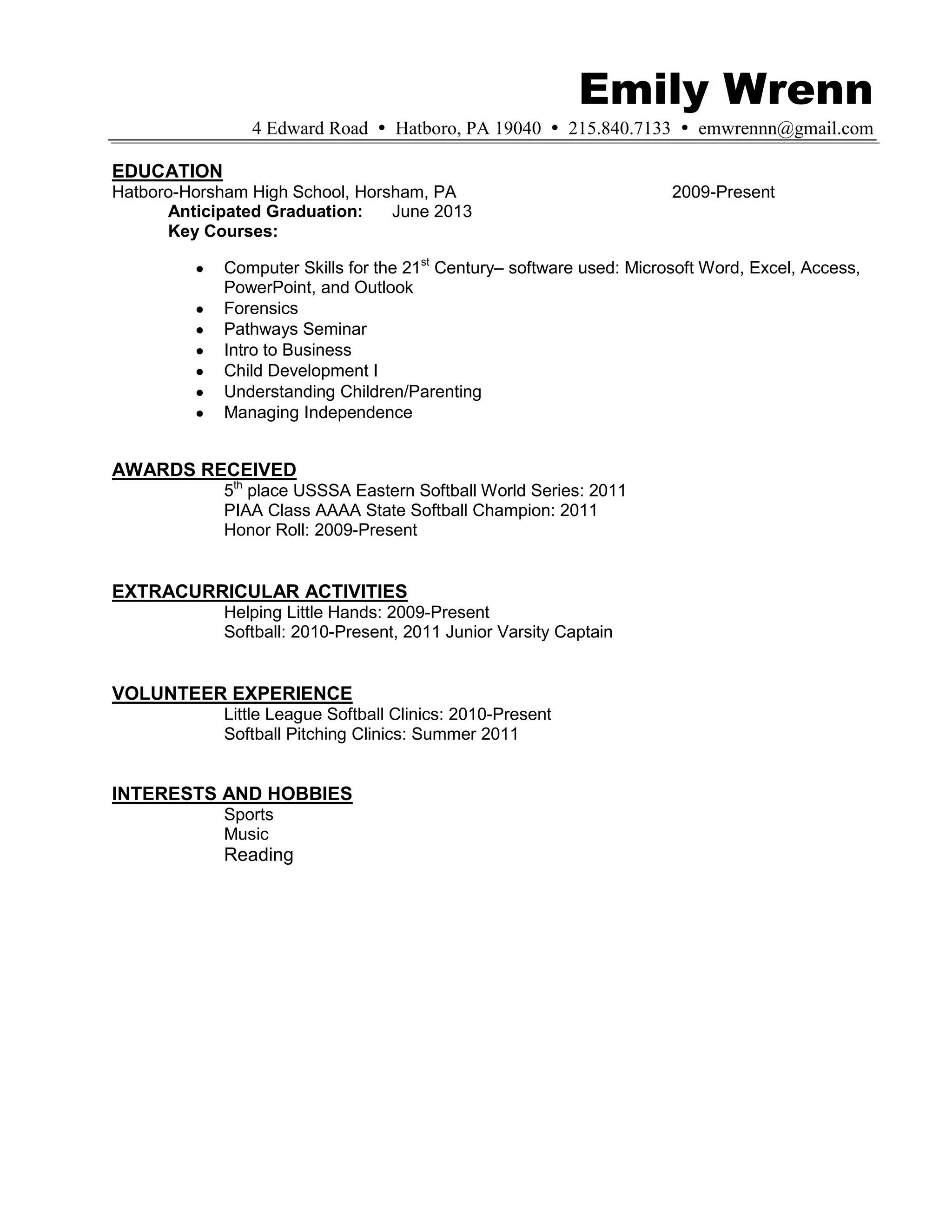 Resume sample emily wernndocx | DOCX