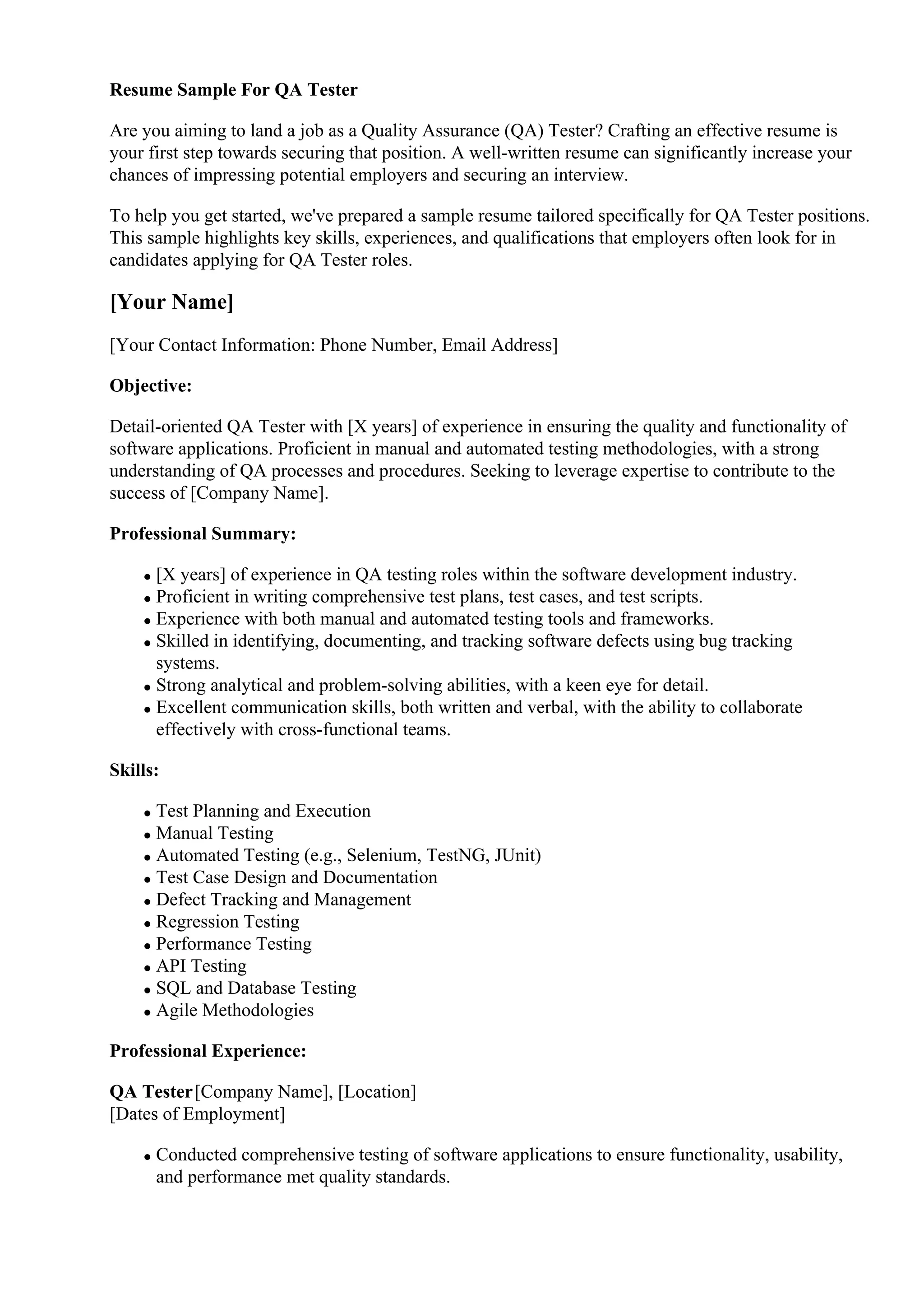Resume Sample For Qa Tester | PDF