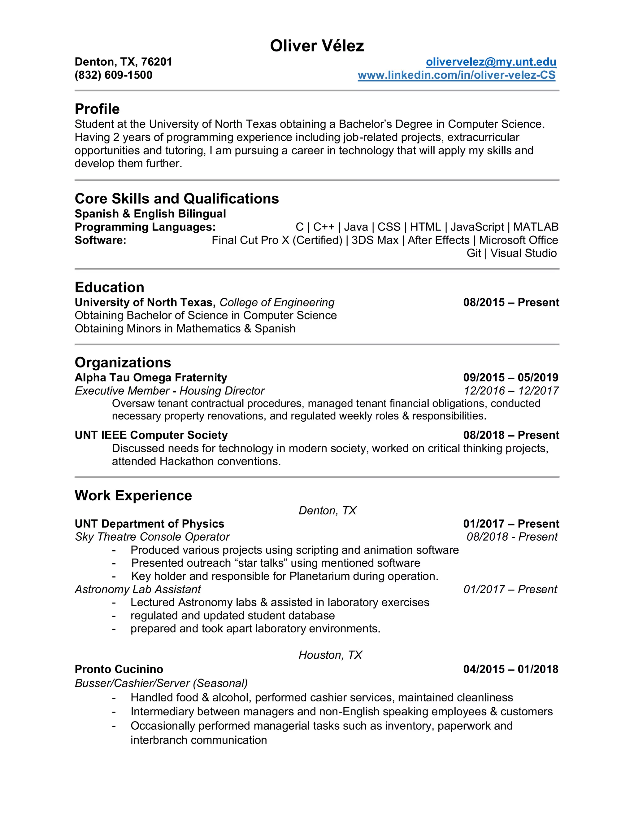 Oliver Velez Resume | PDF