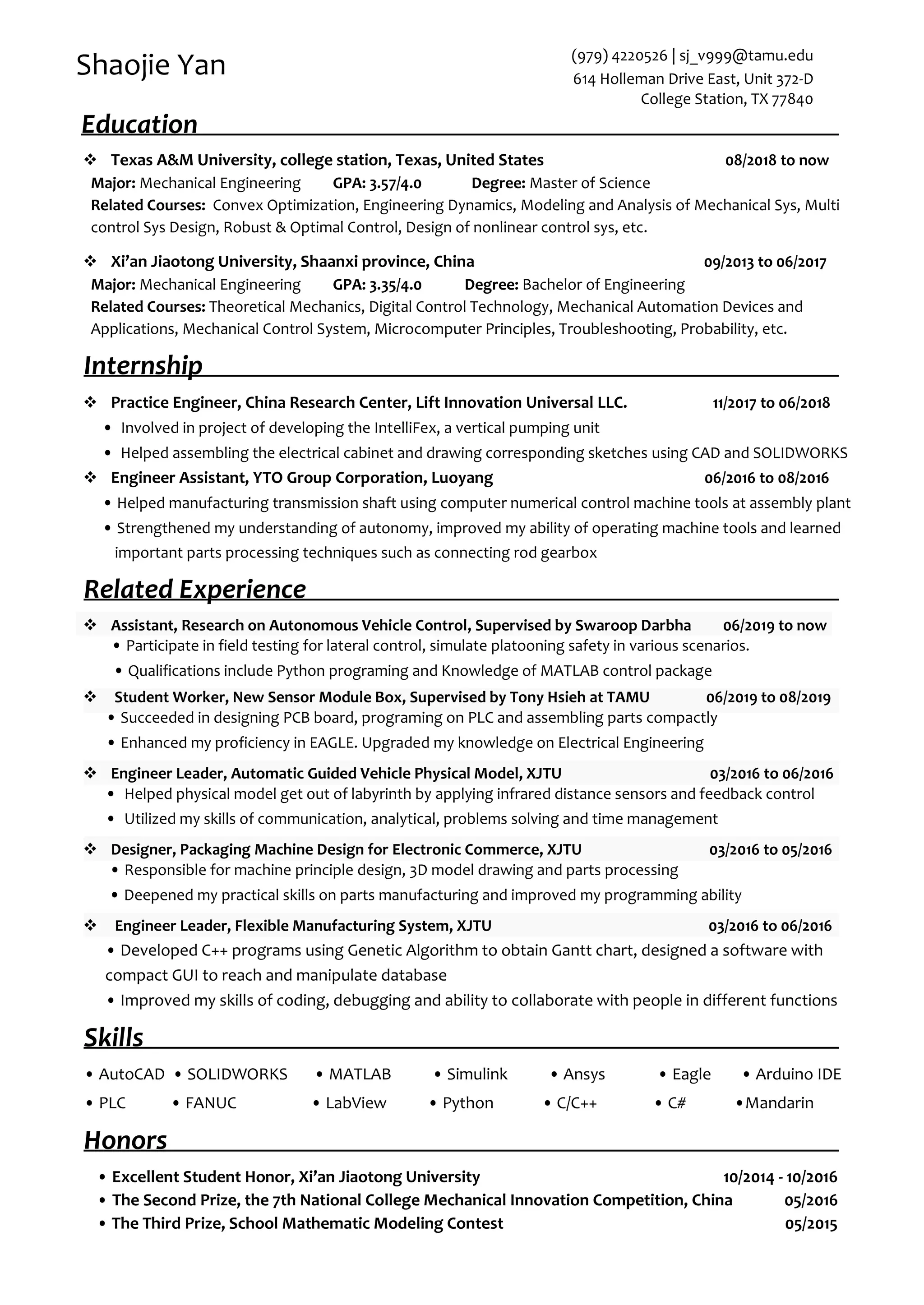 Resume shaojie yan | PDF