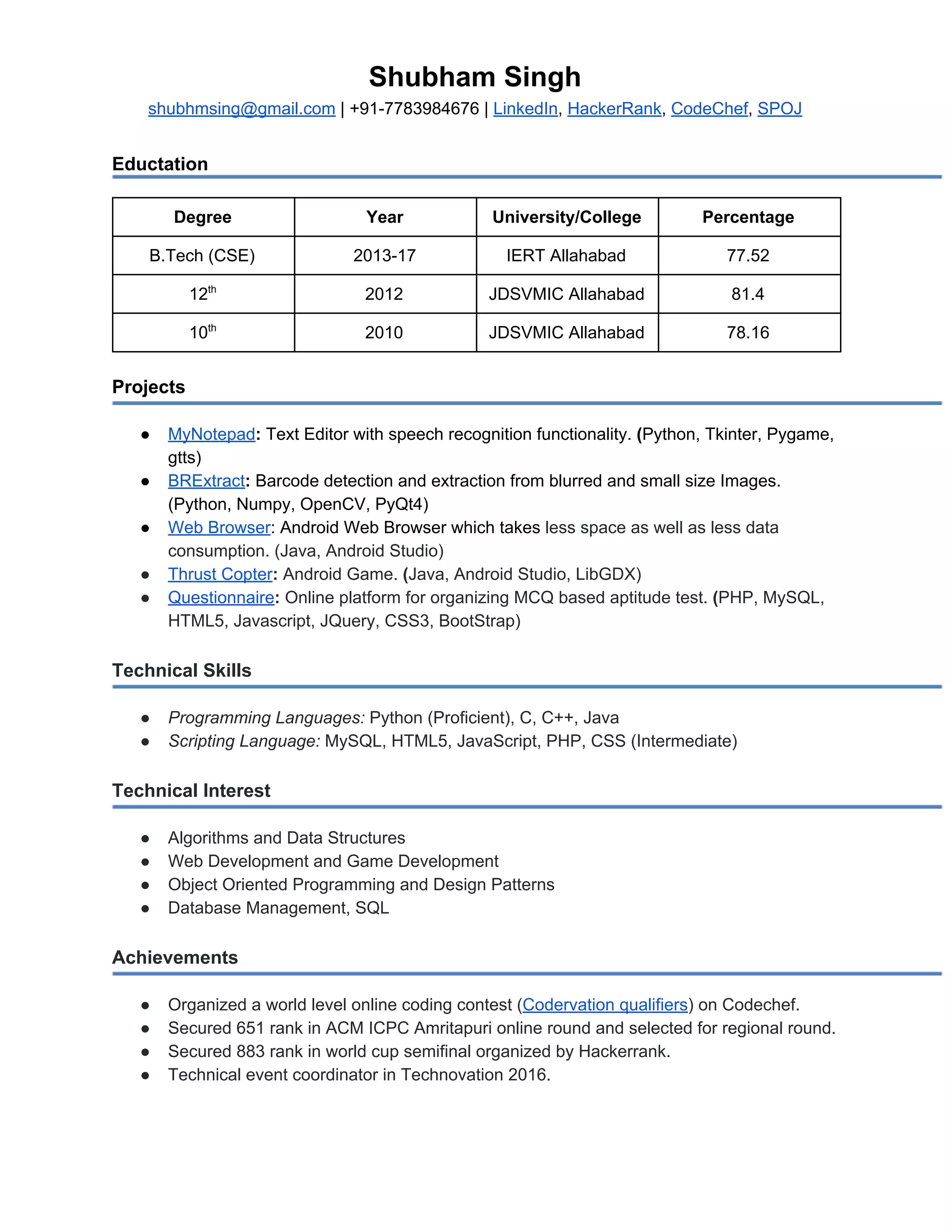 Resume shubham singh | PDF | Programming Languages | Computing