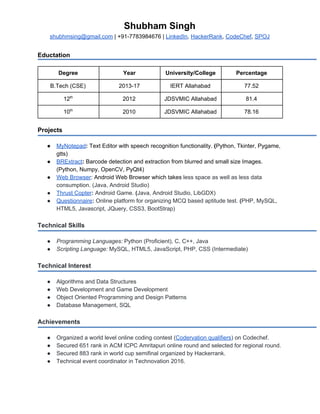 Resume shubham singh | PDF | Programming Languages | Computing