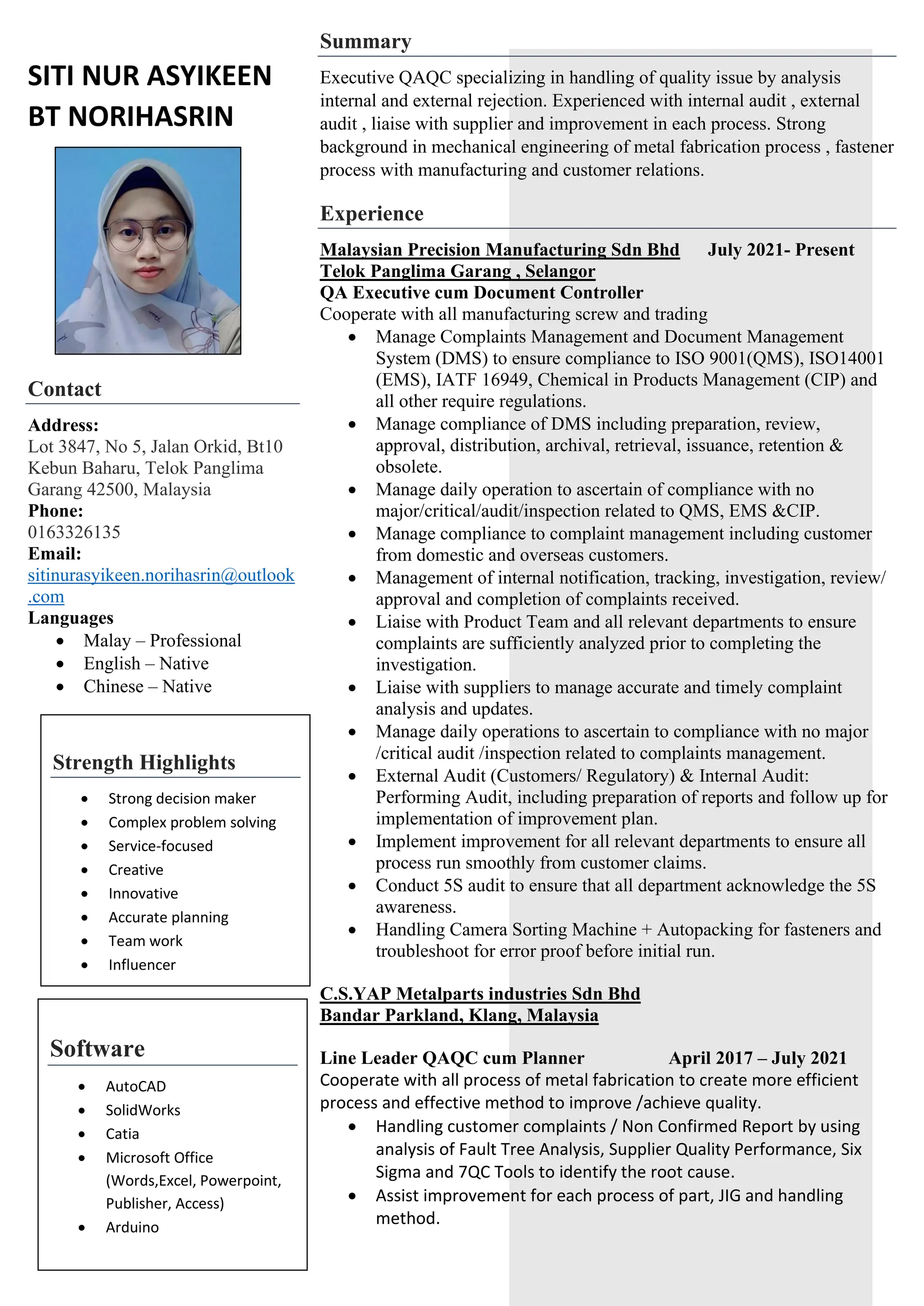 CV/ Resume Siti Nur Asyikeen Bt Norihasrin 2024 | PDF