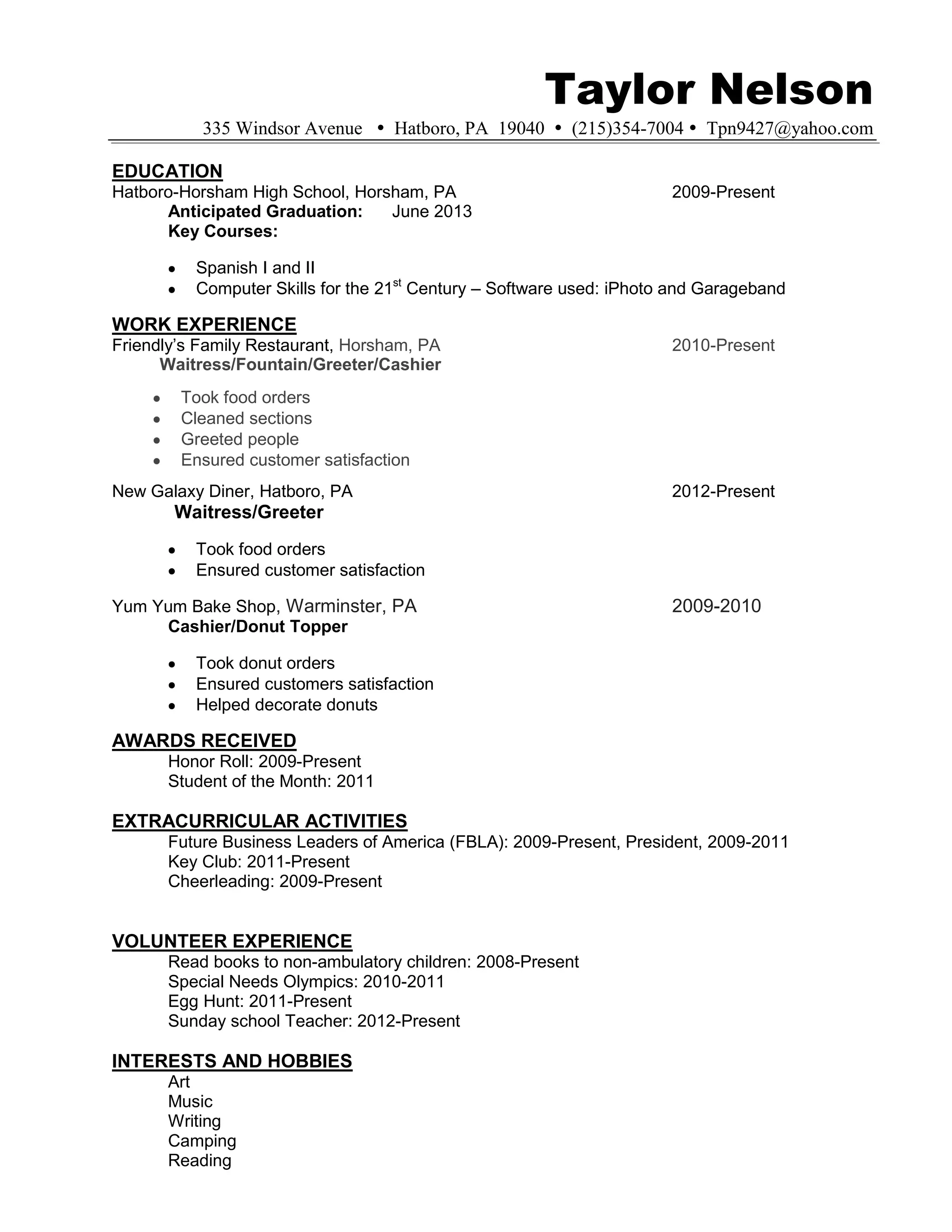 Resume taylor nelson 0411 | DOCX | Dining Out | Food & Drink