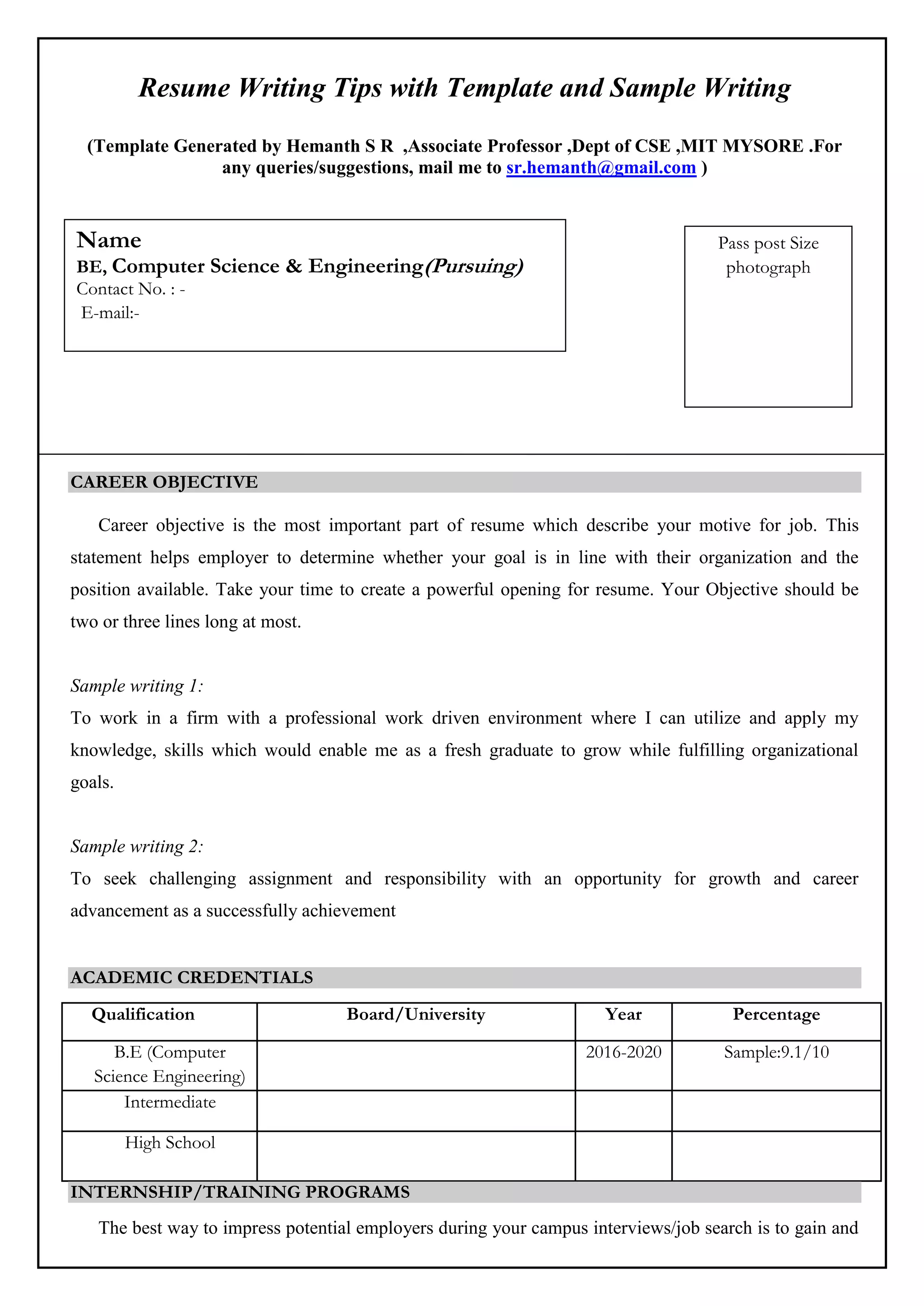 Resume template with sample writing for Engineering Students | PDF