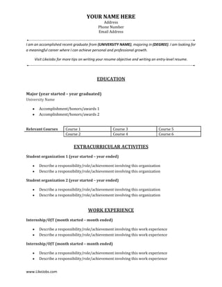 Resume Sample For Fresh Graduate