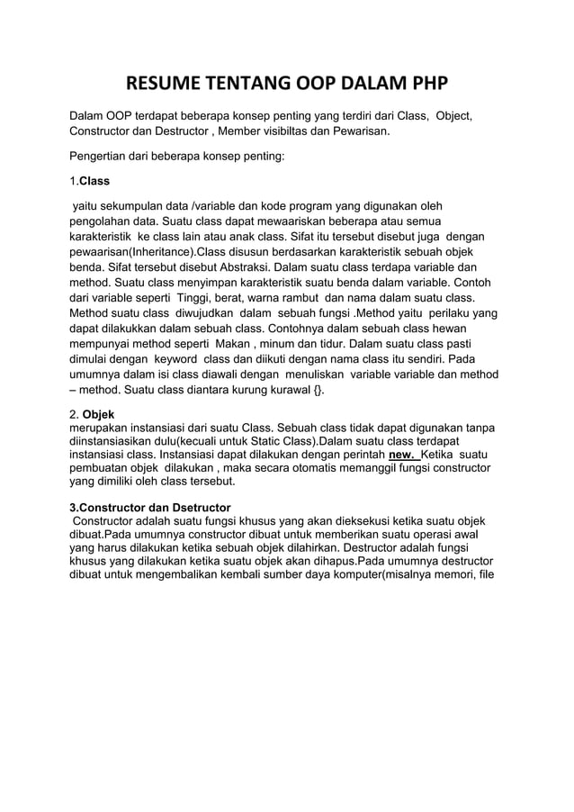 Resume tentang oop dalam php | DOCX