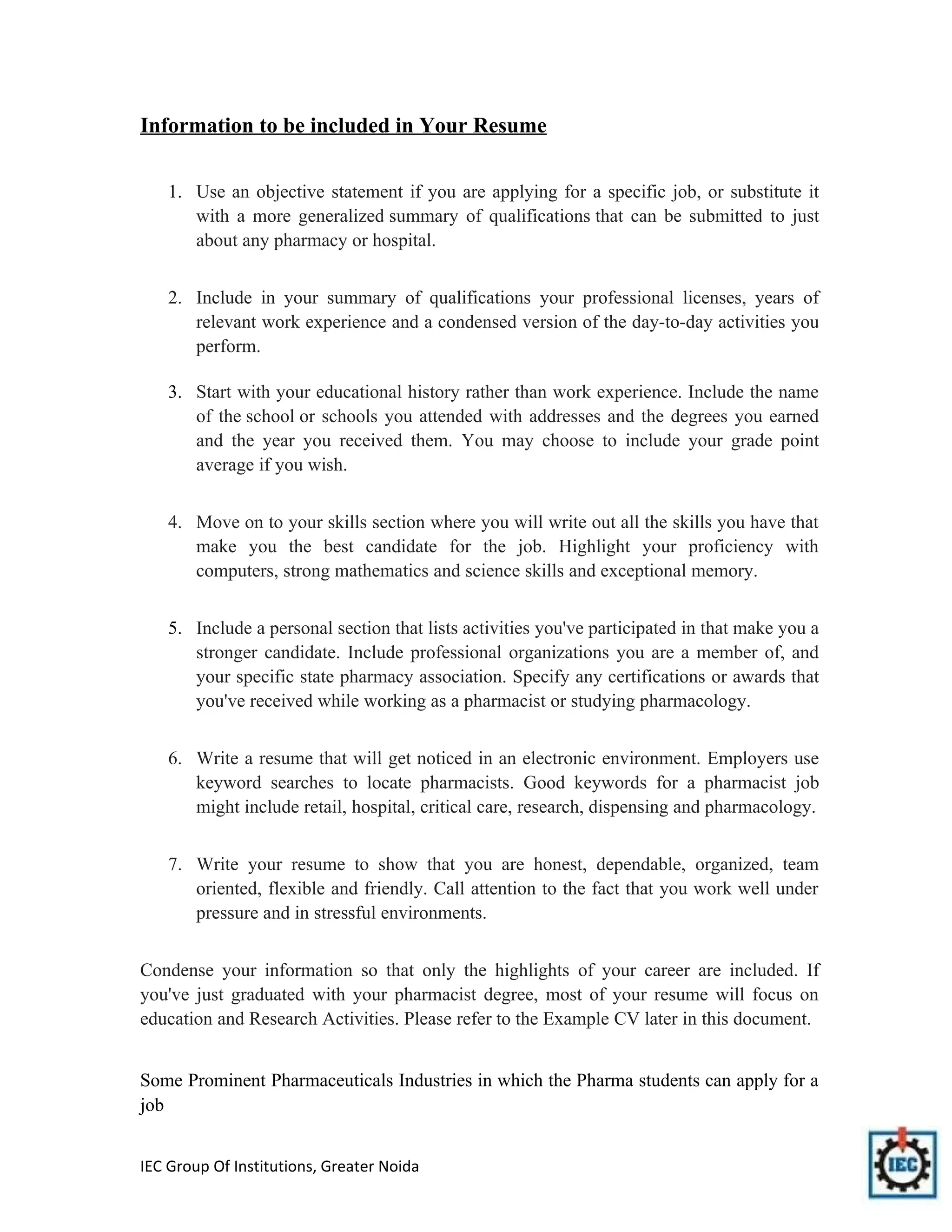 Resume Tips for pharmacy Graduates | DOC