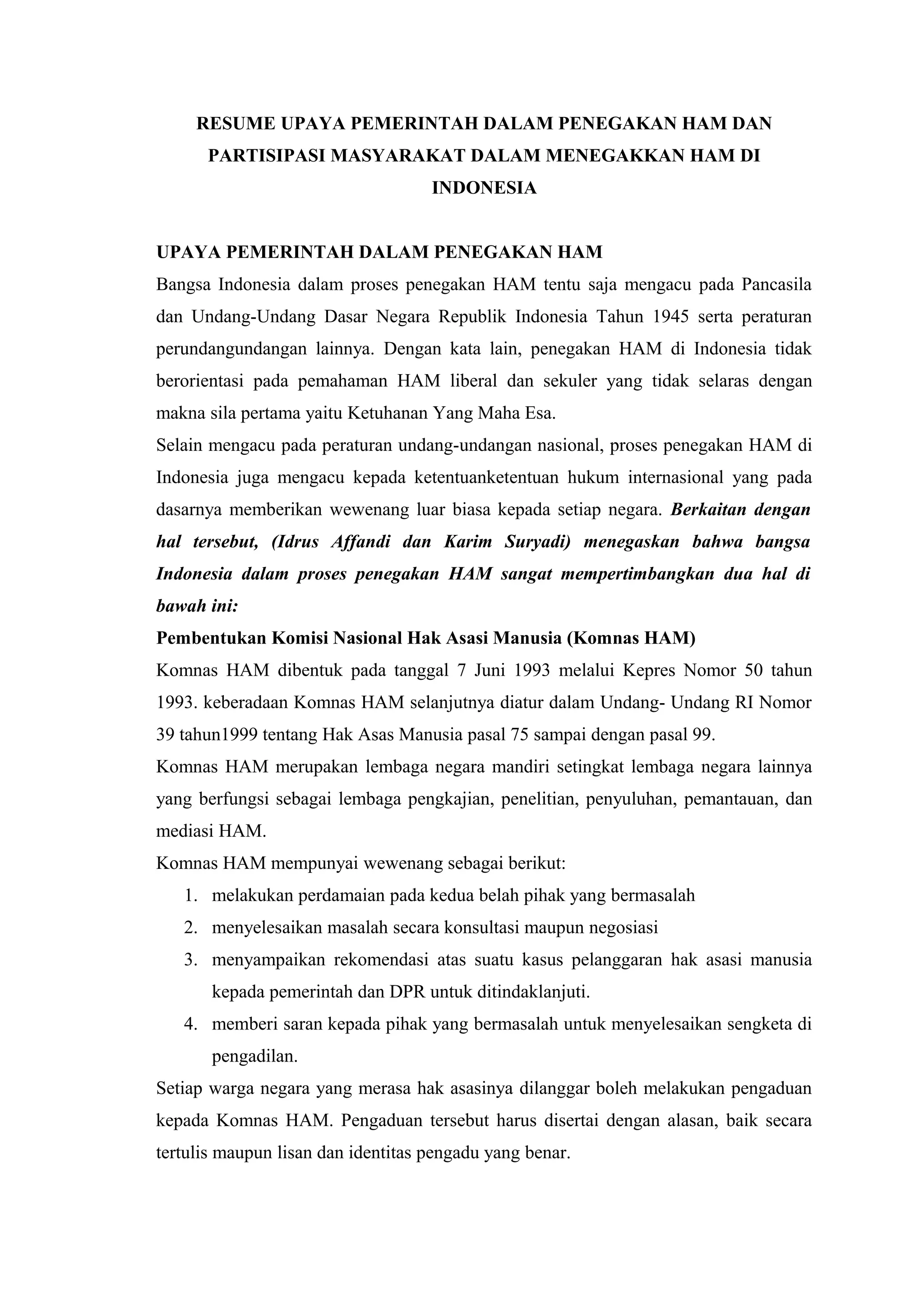 Resume upaya pemerintah dalam penegakan ham dan partisipasi masyarakat ...