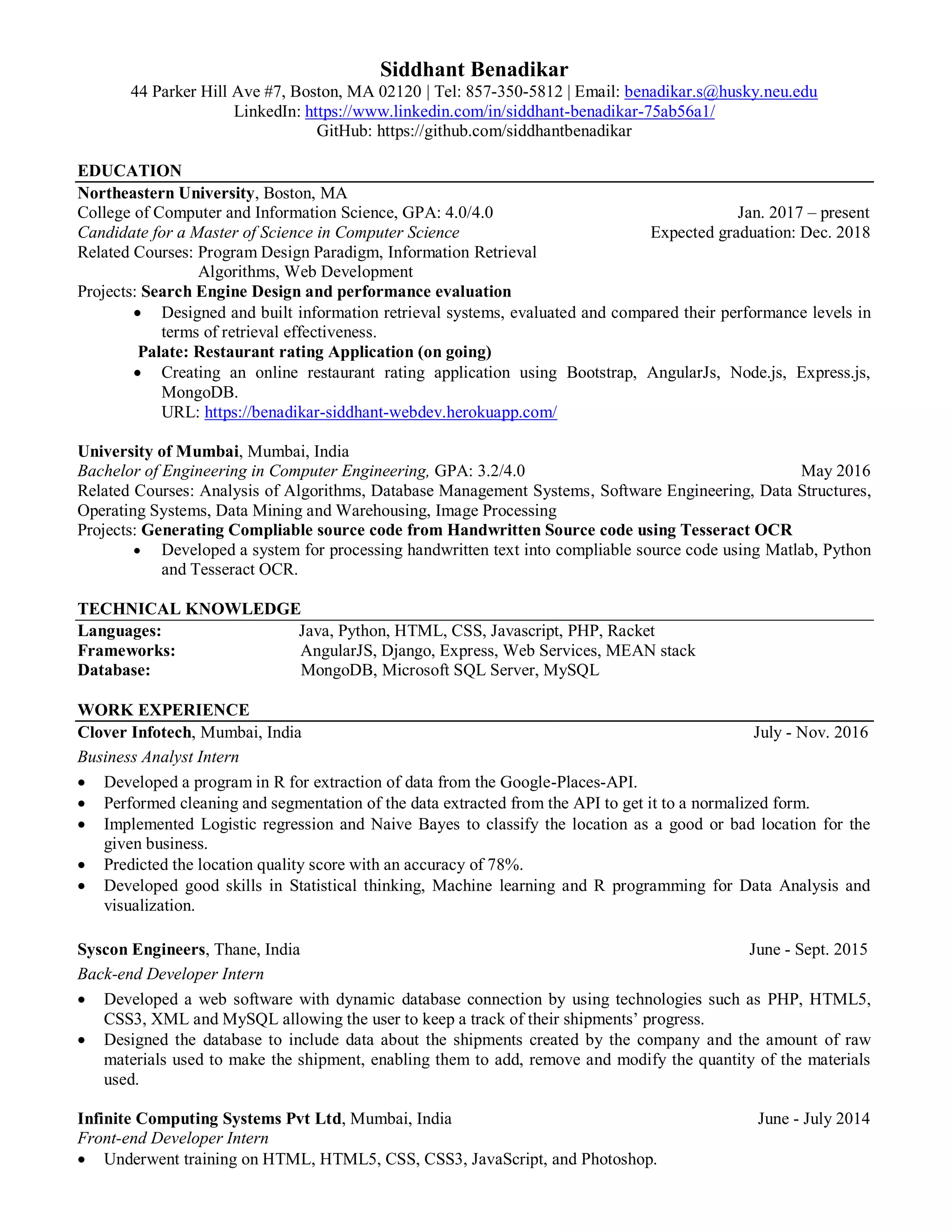 Resume_SiddhantBenadikar | PDF | Web Development | Internet