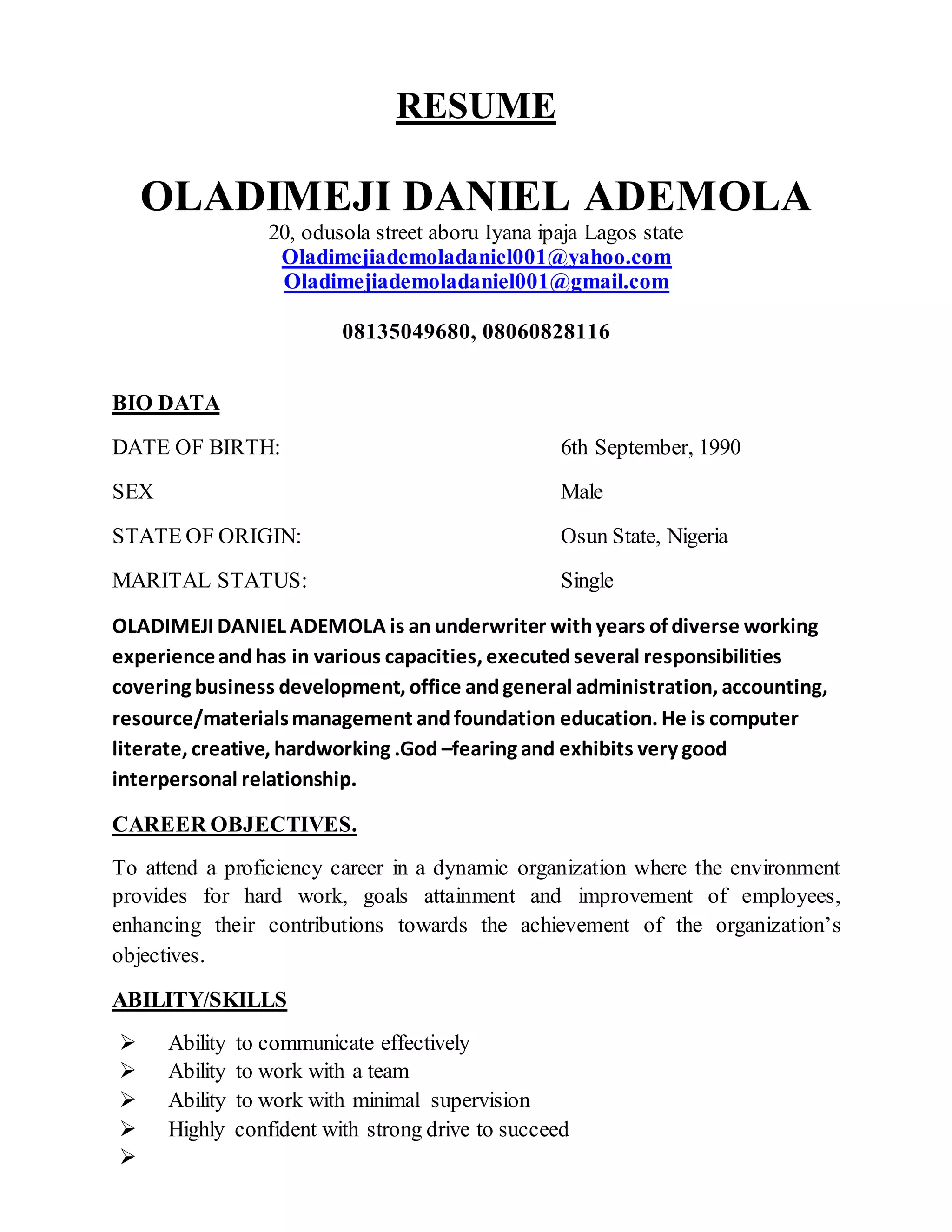 Resume OLADIMEJI DANIEL ADEMOLA | DOCX
