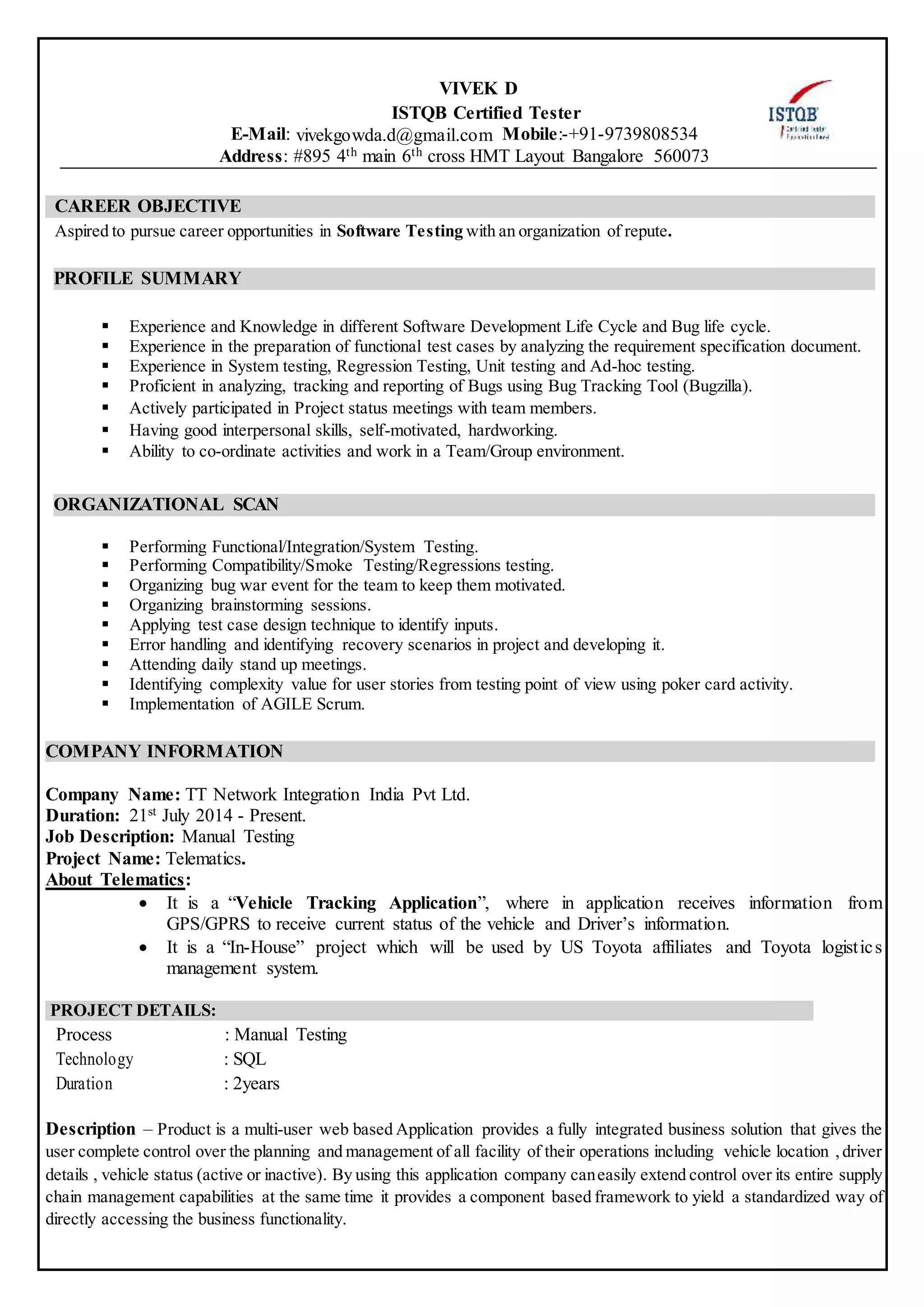Resume vivek istqb certified | DOCX
