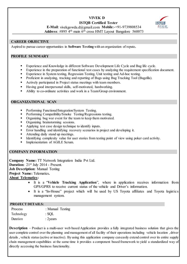 Resume vivek istqb certified | DOCX