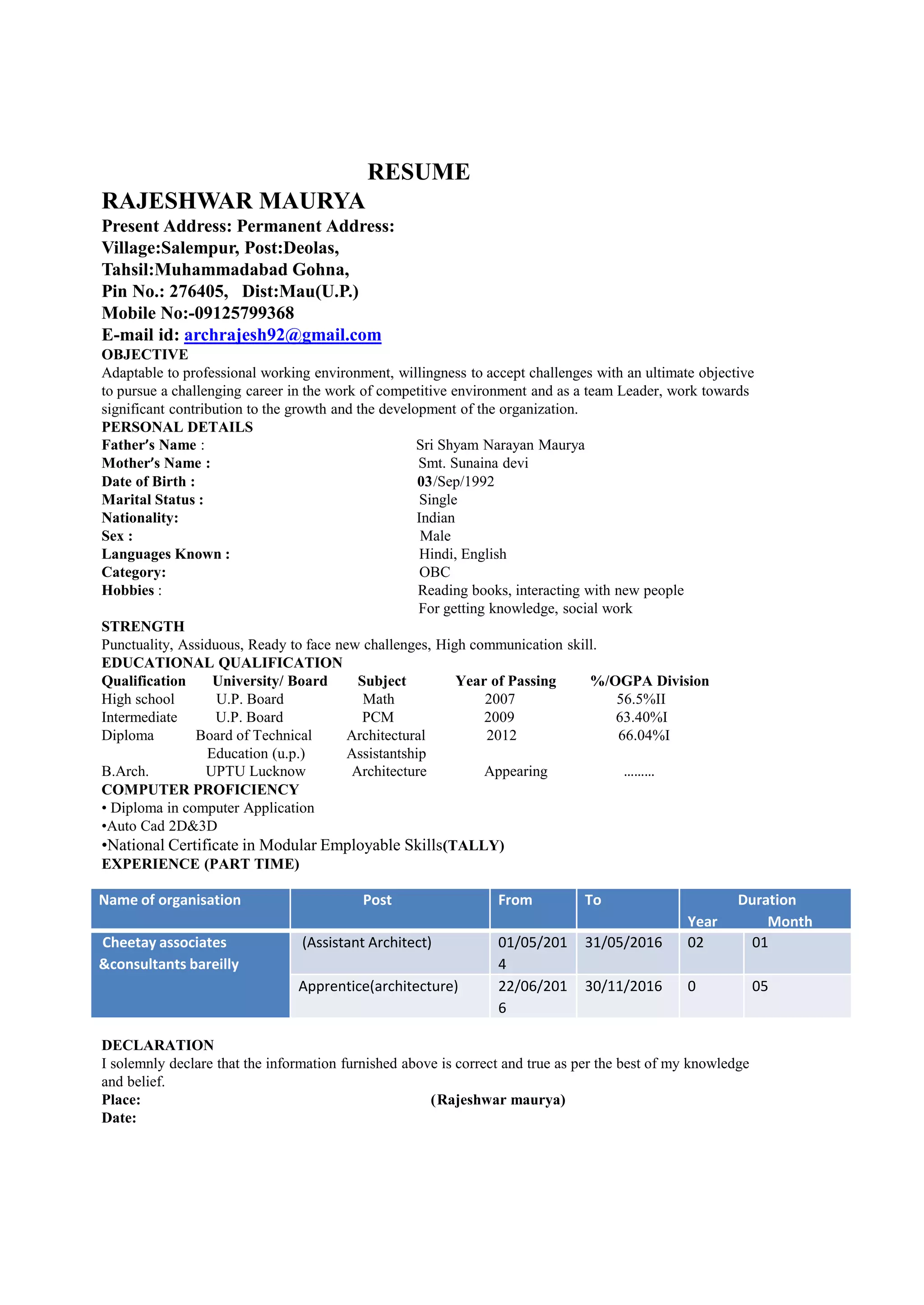 Resume with cerficate of rajeshwar maurya | PDF