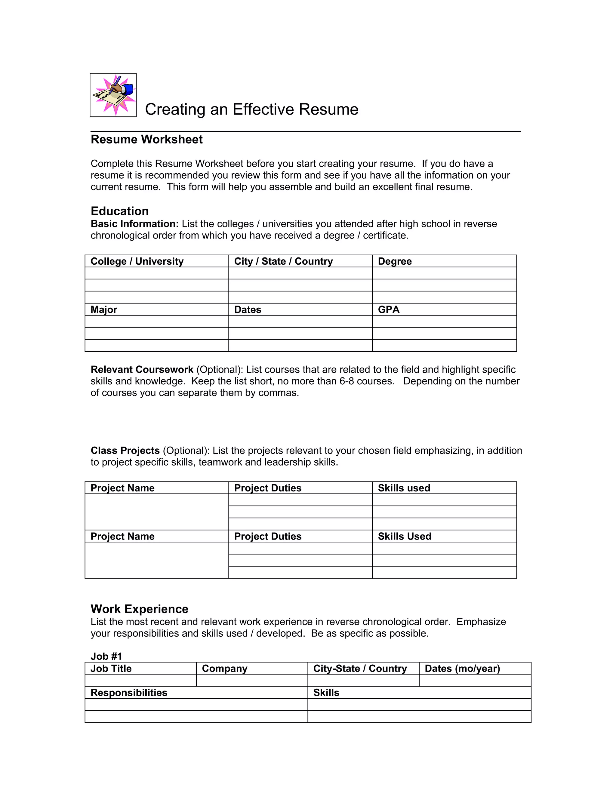Resume Worksheet | DOC
