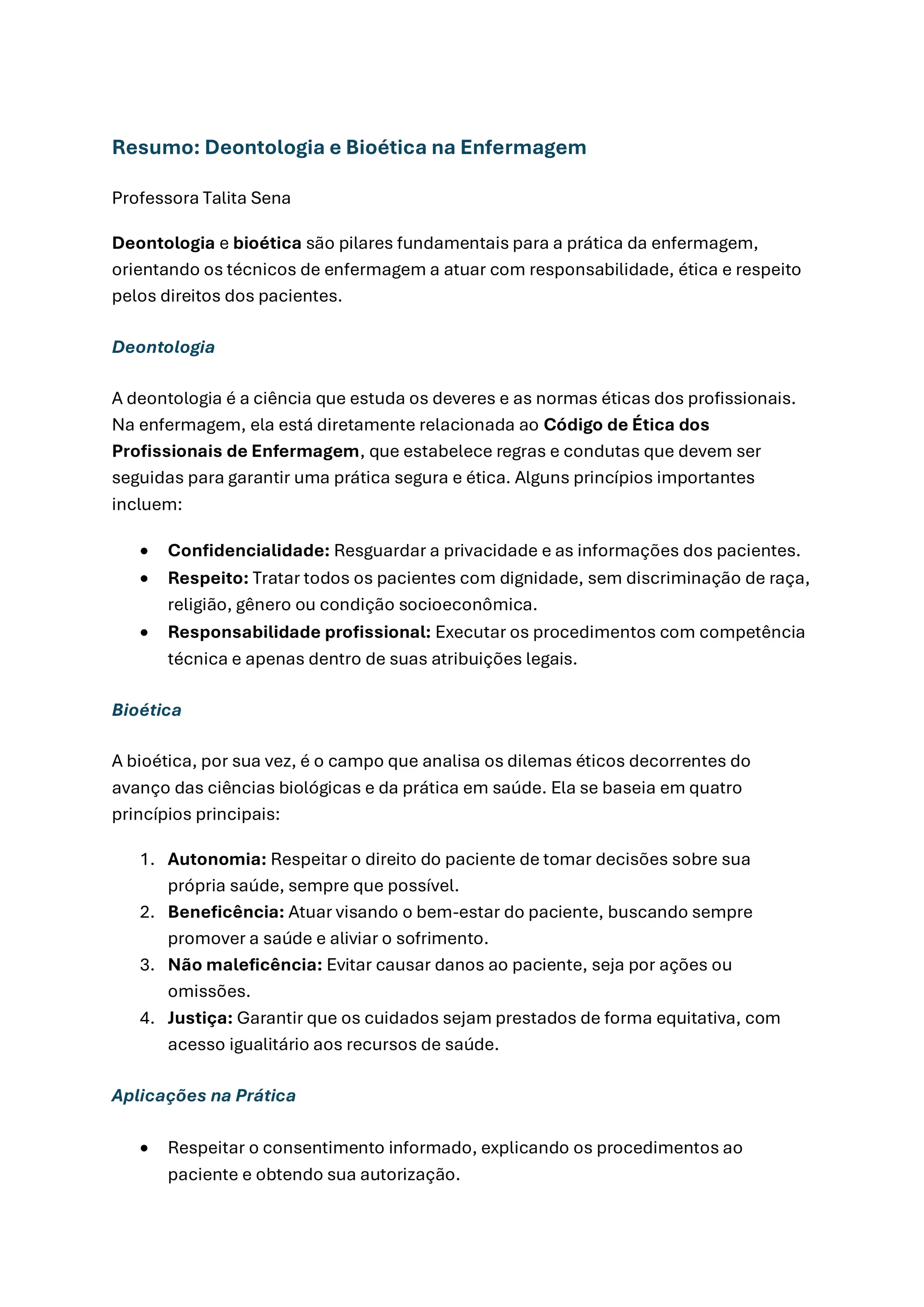 Resumo DEONTOLOGIA E BIOÉTICA NA ENFERMAGEM - PROF TALITA.pdf