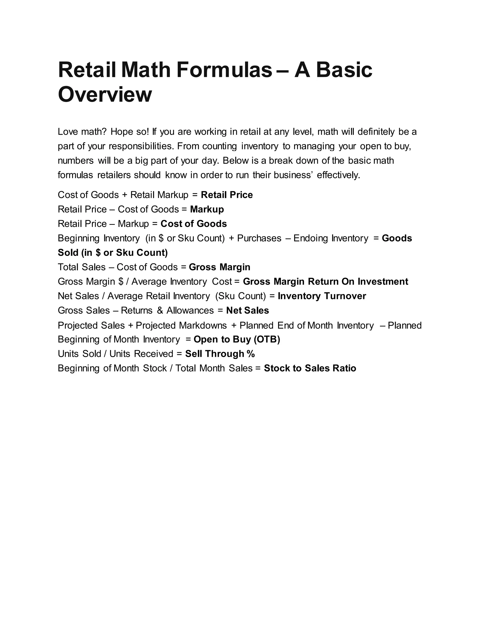 Retail math formulas | DOCX