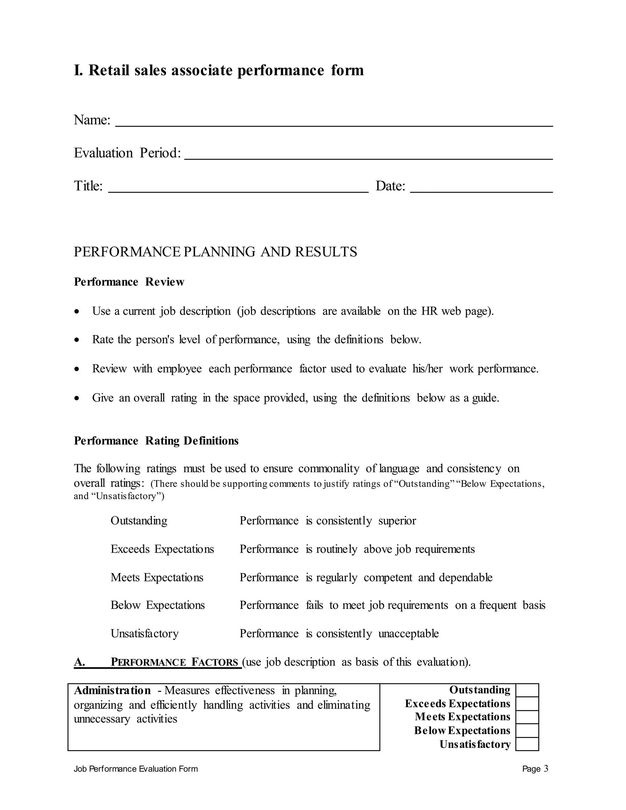 Retail sales associate performance appraisal | DOCX