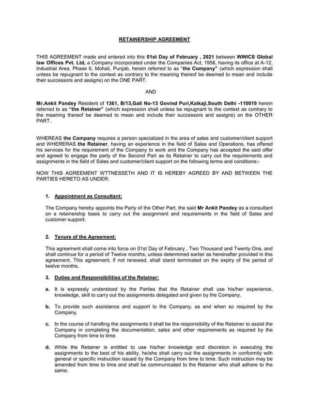 Retainership agreement mr.ankit | PDF