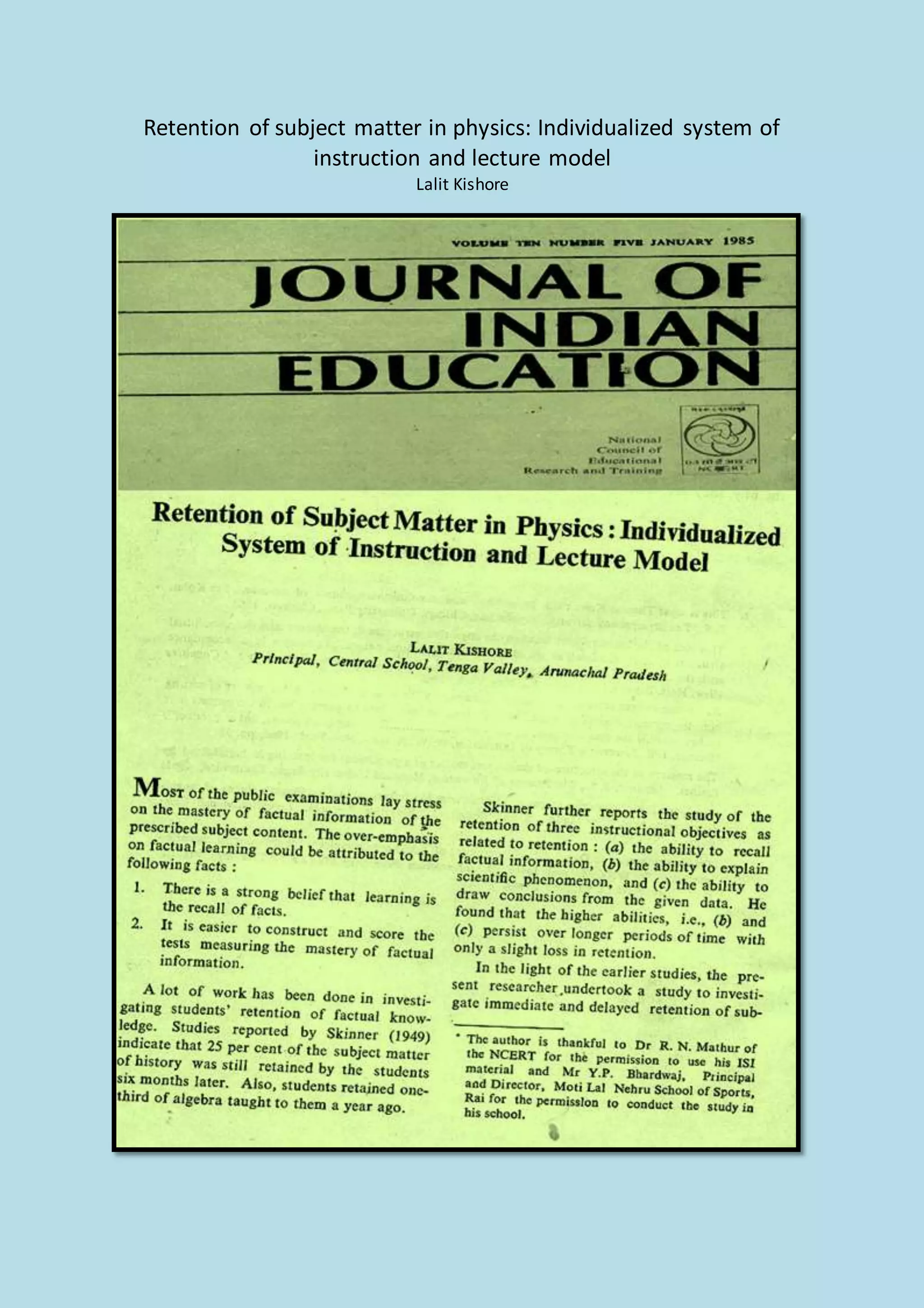Retention Of Subject Matter In Physics Individualized System Of