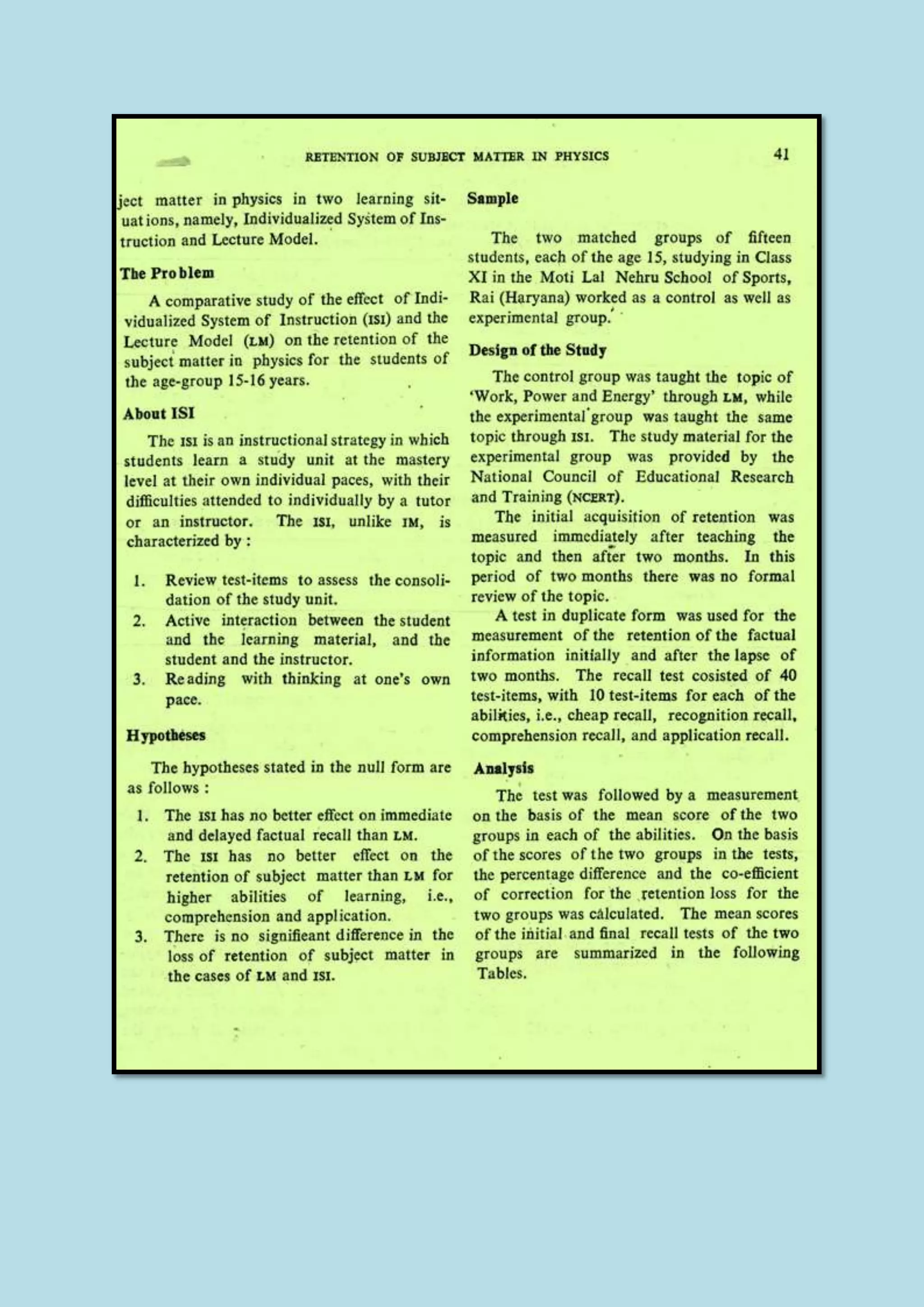 Retention Of Subject Matter In Physics Individualized System Of