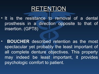 Retention stability support in complete dentures | PPT