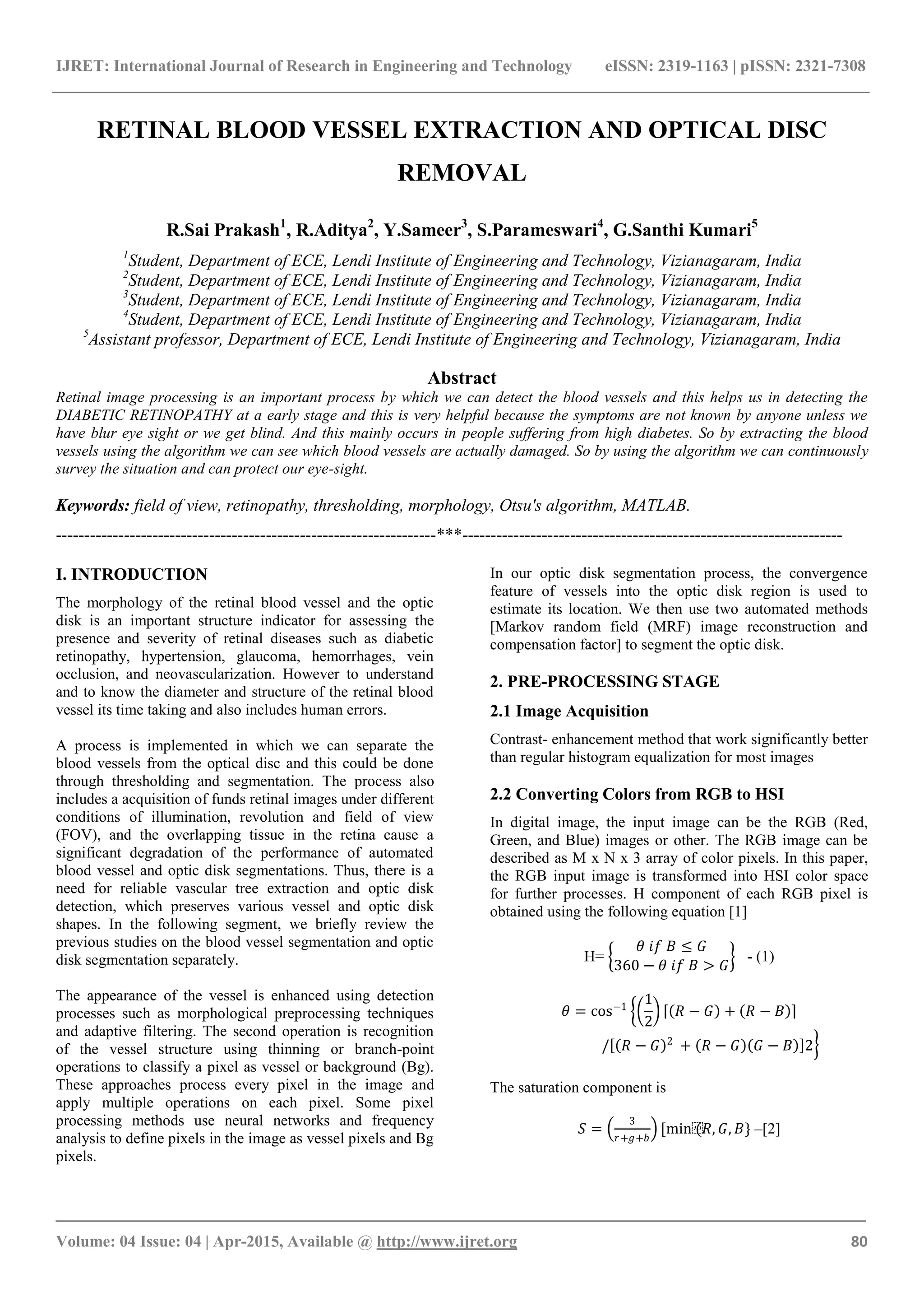 Retinal blood vessel extraction and optical disc removal | PDF