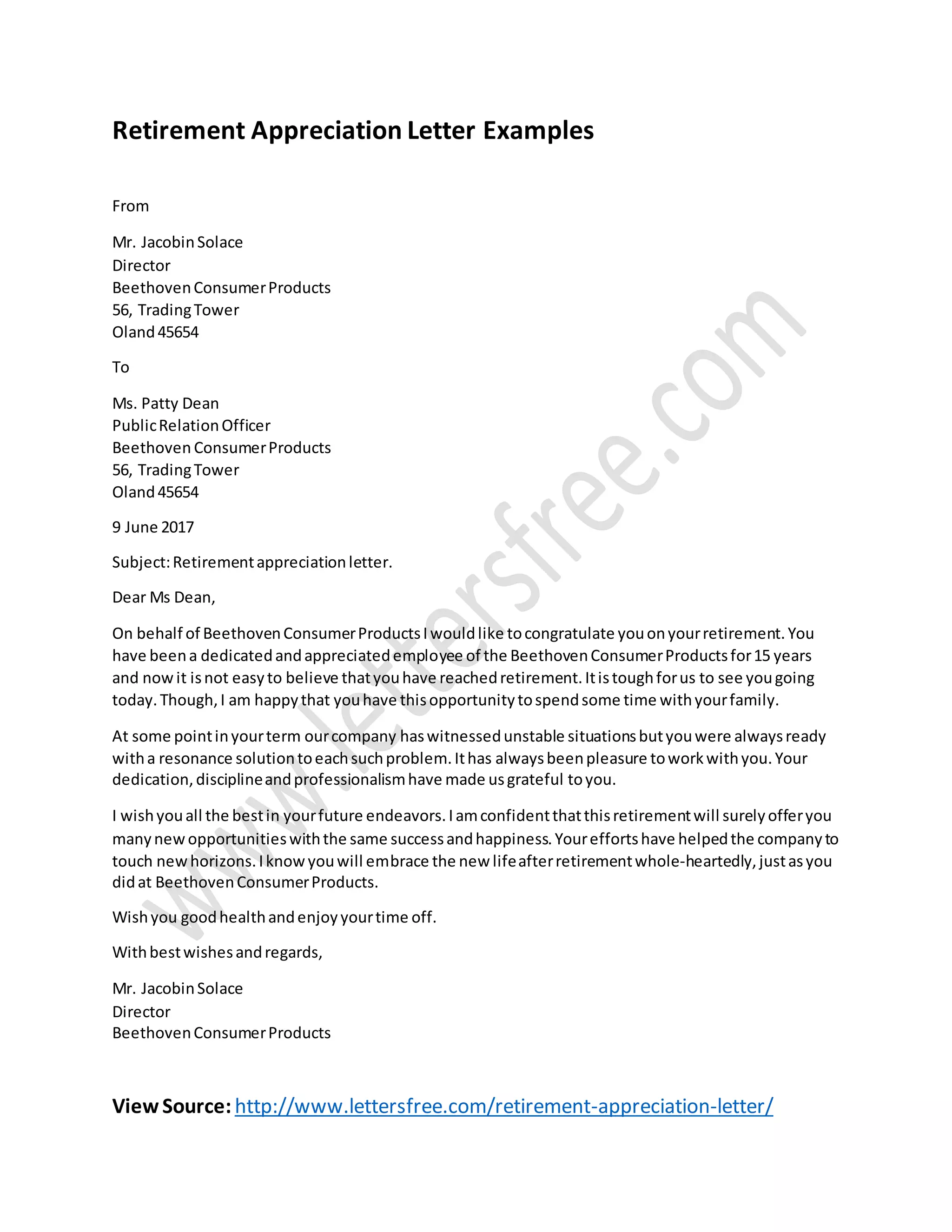 Retirement Appreciation Letter Examples | DOCX