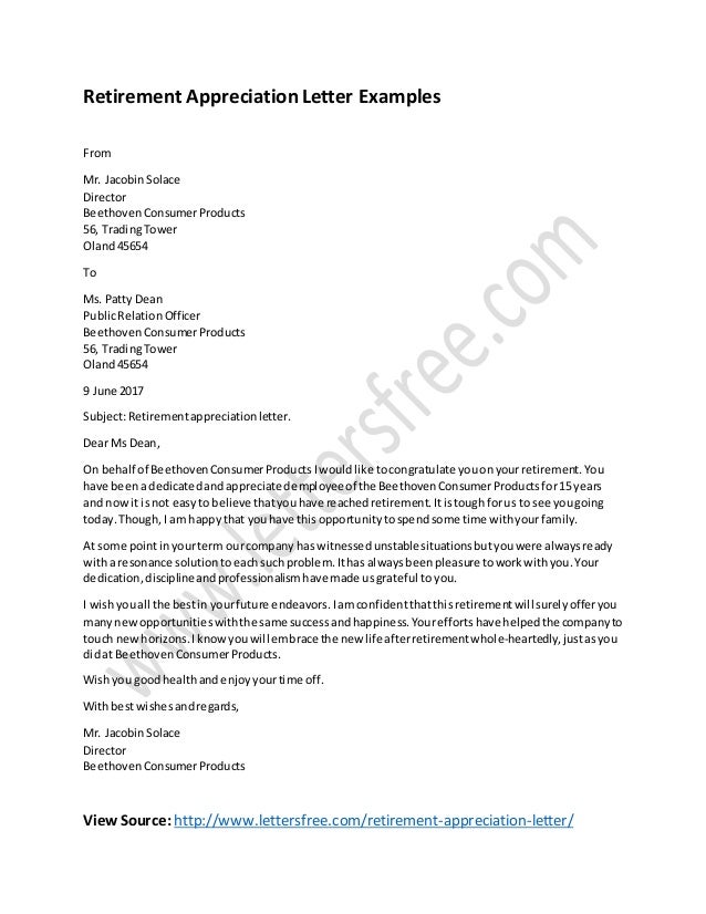 Retirement Appreciation Letter Examples Retirement Appreciation Letter Examples