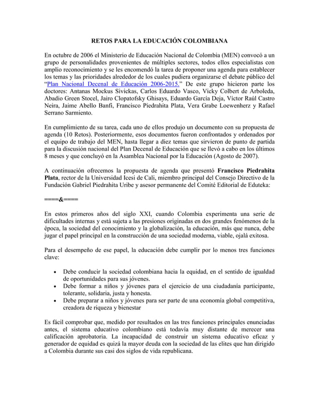 Retos Para La Educación Colombiana Pdf