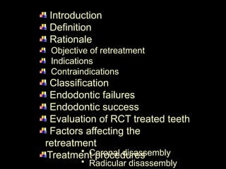 Includes RETREATMENT IN ENDODONTICS | PPTX
