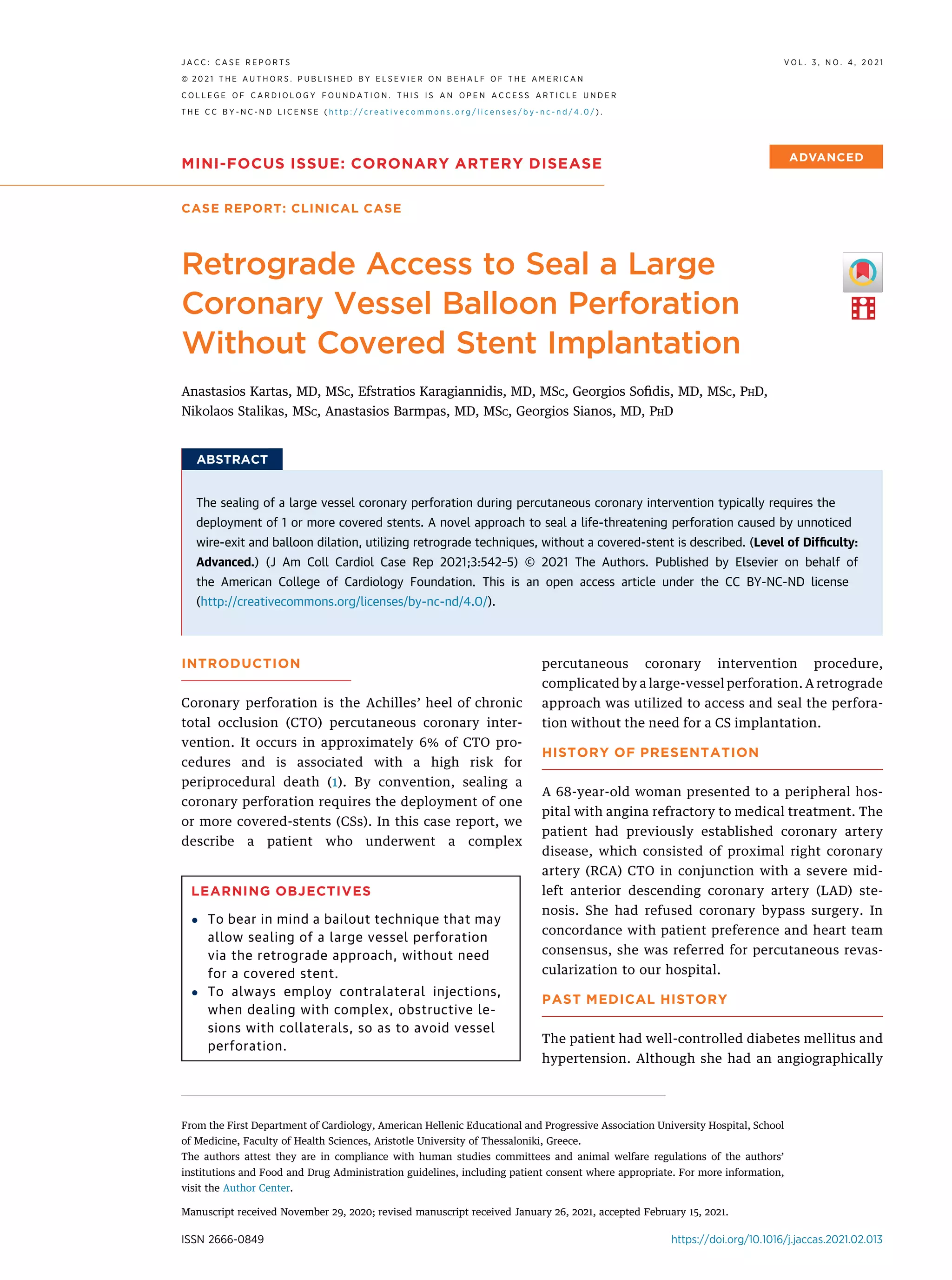 Retrograde access to seal a large coronary perforation | PDF