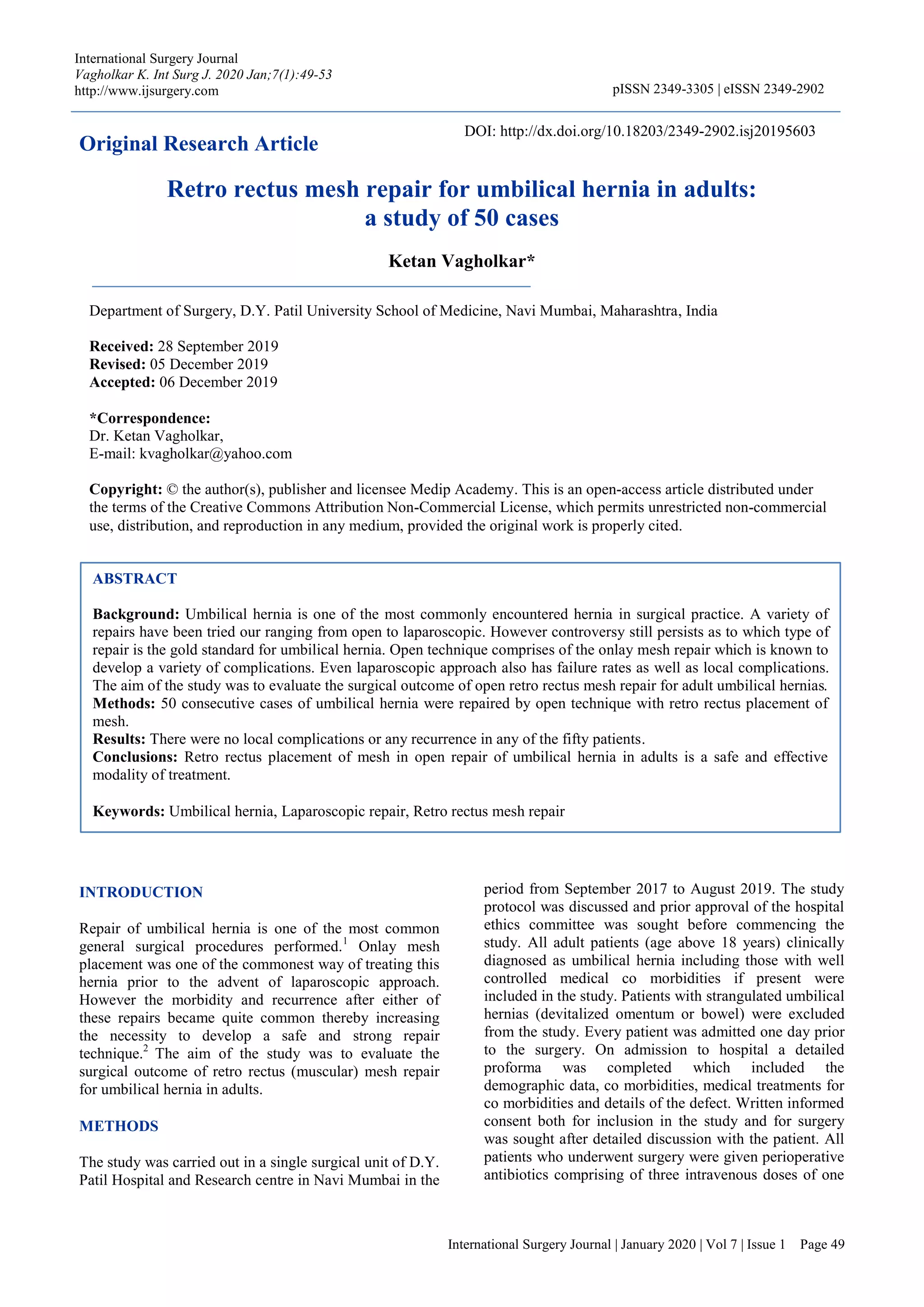 Retro rectus mesh repair for umbilical hernia in adults: a study of 50 ...