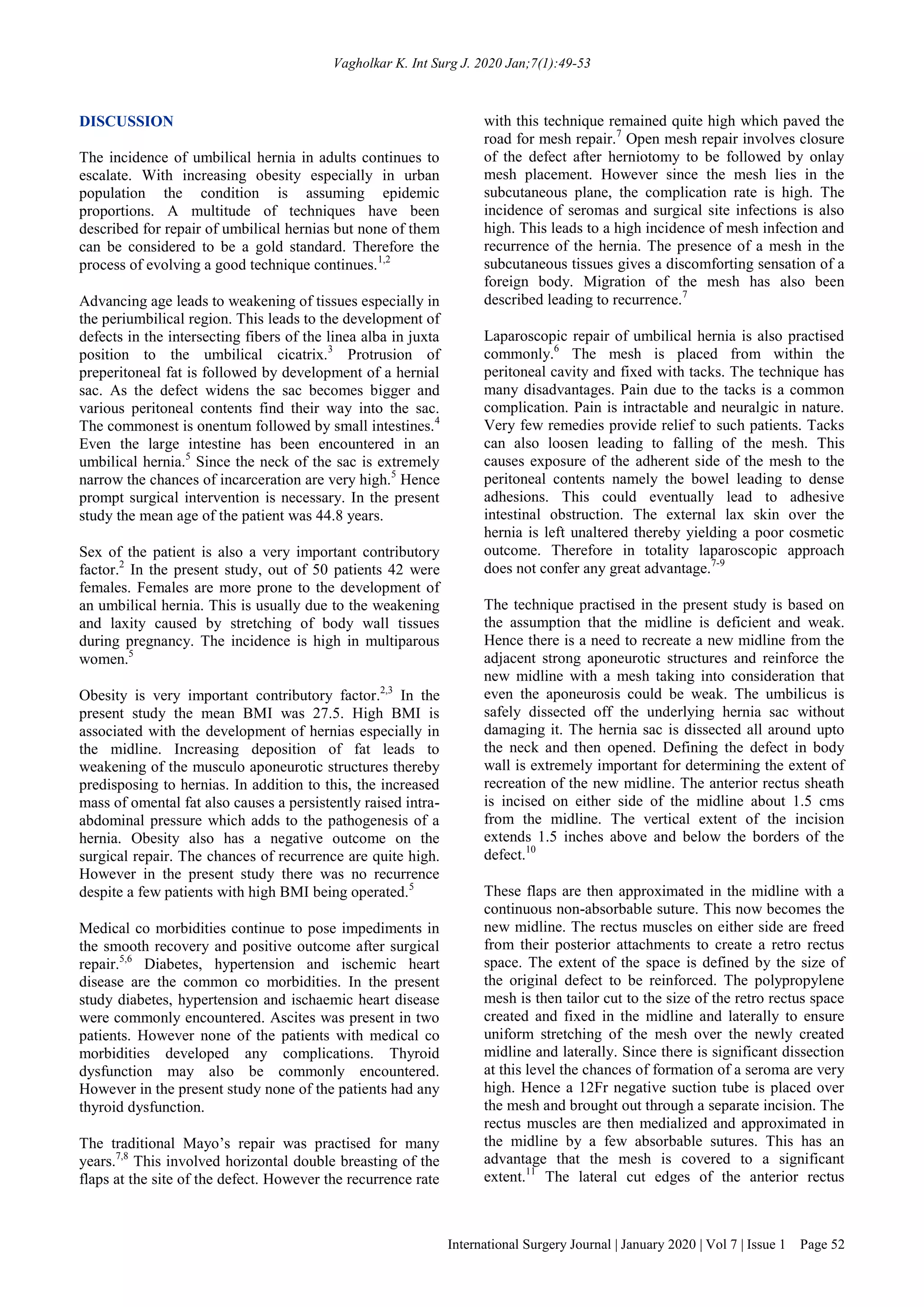 Retro rectus mesh repair for umbilical hernia in adults: a study of 50 cases. | PDF