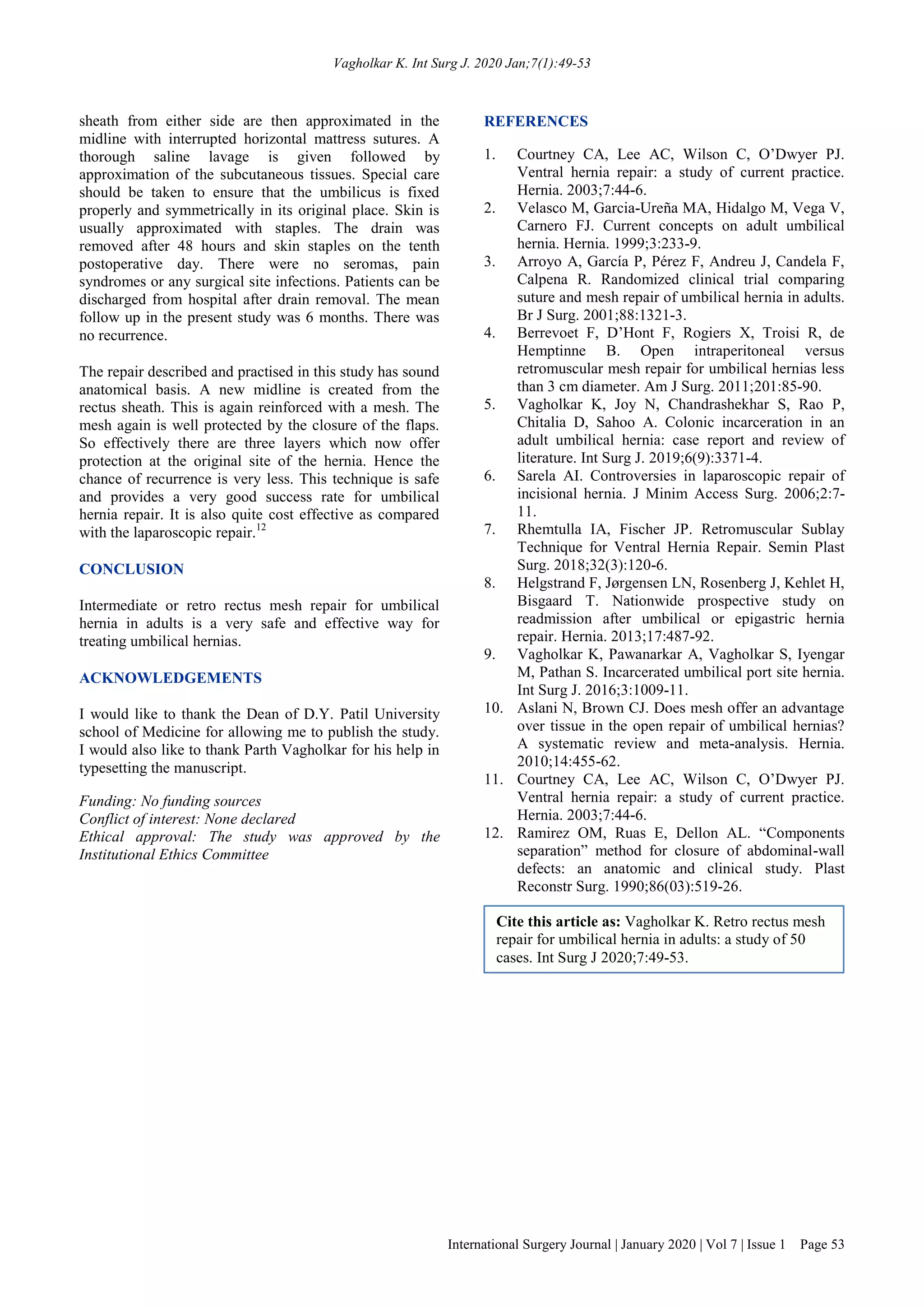 Retro rectus mesh repair for umbilical hernia in adults: a study of 50 ...