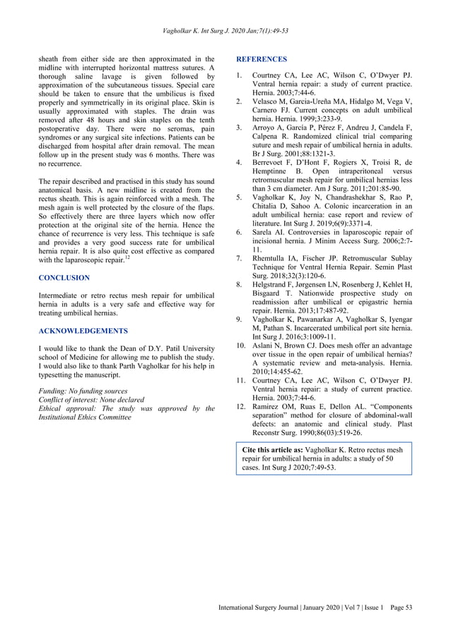 Retro rectus mesh repair for umbilical hernia in adults: a study of 50 ...