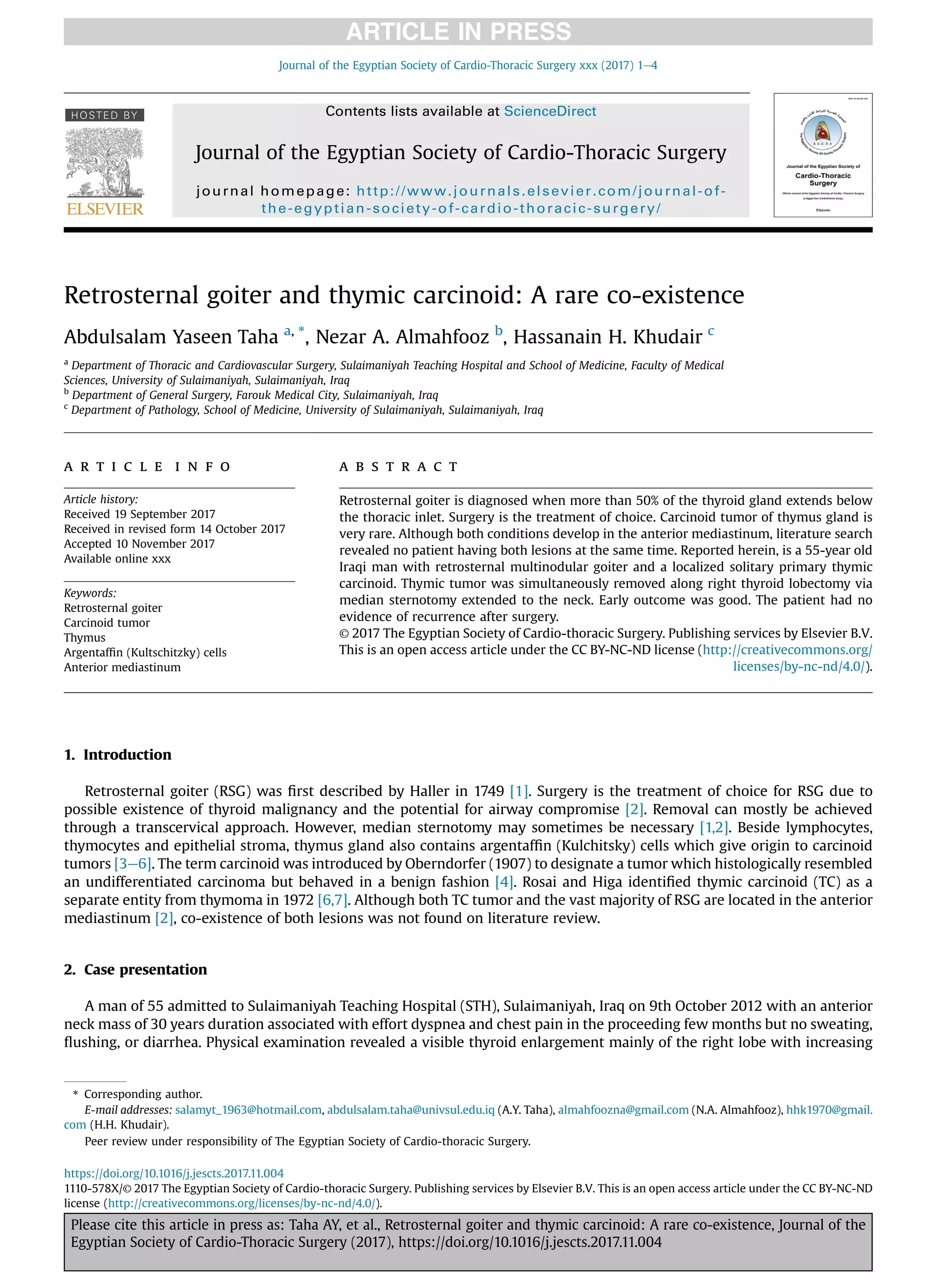 Retrosternal goiter and thymic carcinoid a rare co existence | PDF