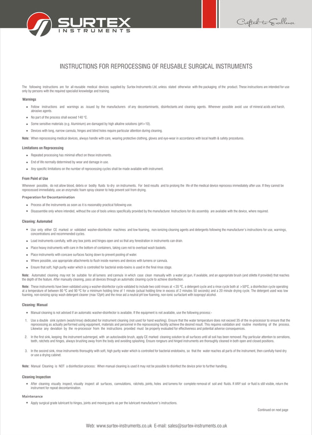 INSTRUCTIONS FOR REPROCESSING OF REUSABLE SURGICAL INSTRUMENTS | PDF