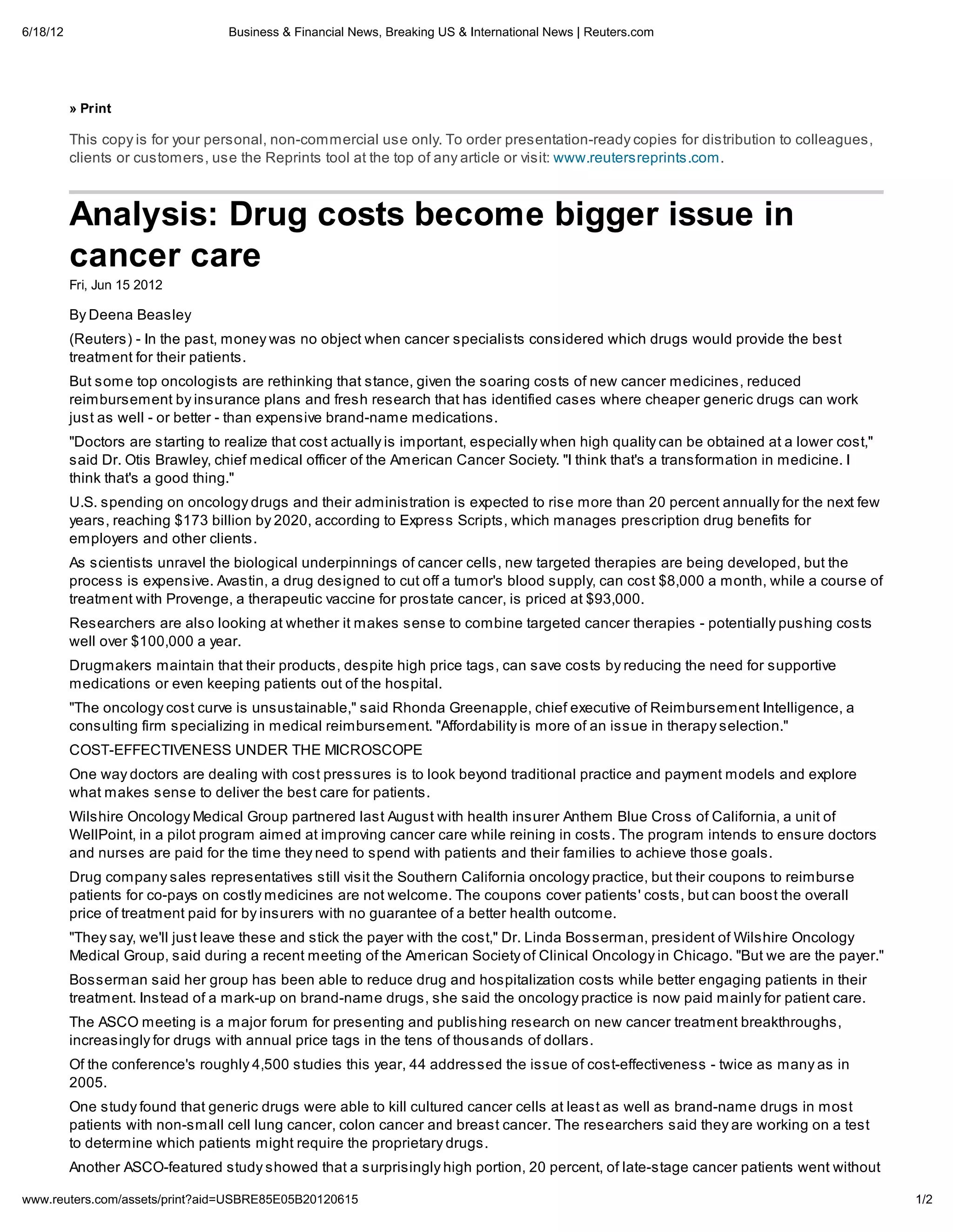 Analysis: Drug Costs Become Bigger Issue In Cancer Care | PDF