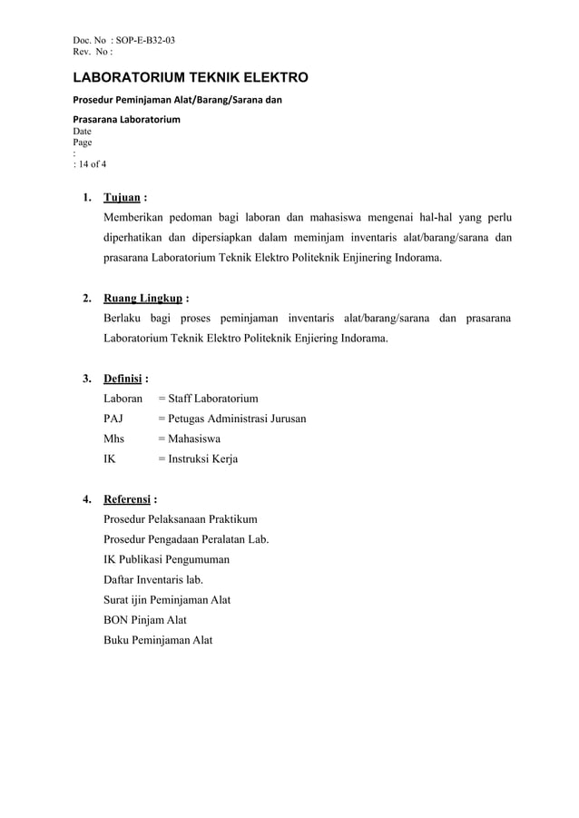 Standar Operasional Prosedur Laboratorium/Bengkel/Workshop Teknik ...