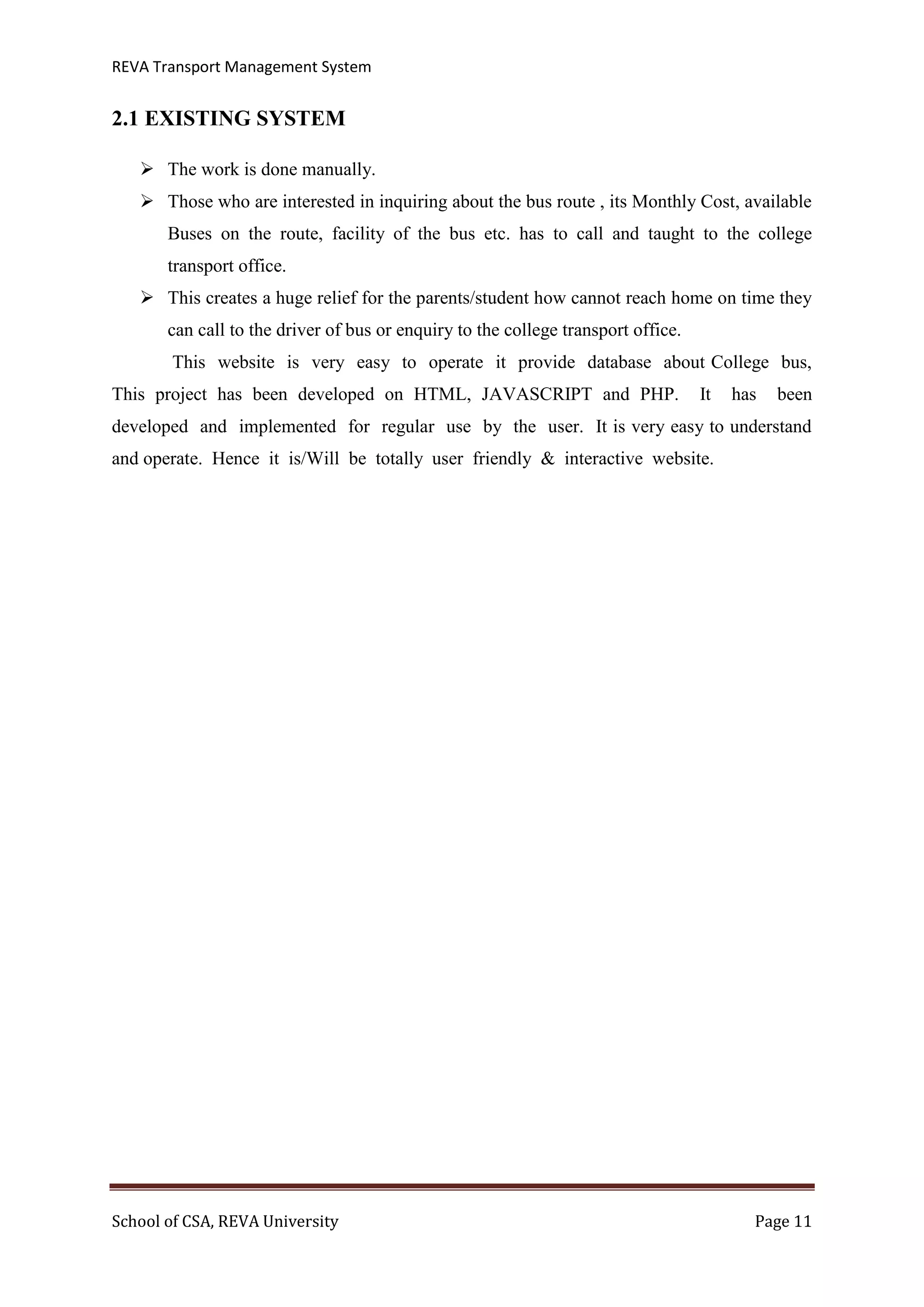 University/College Transport management system Documentation | PDF